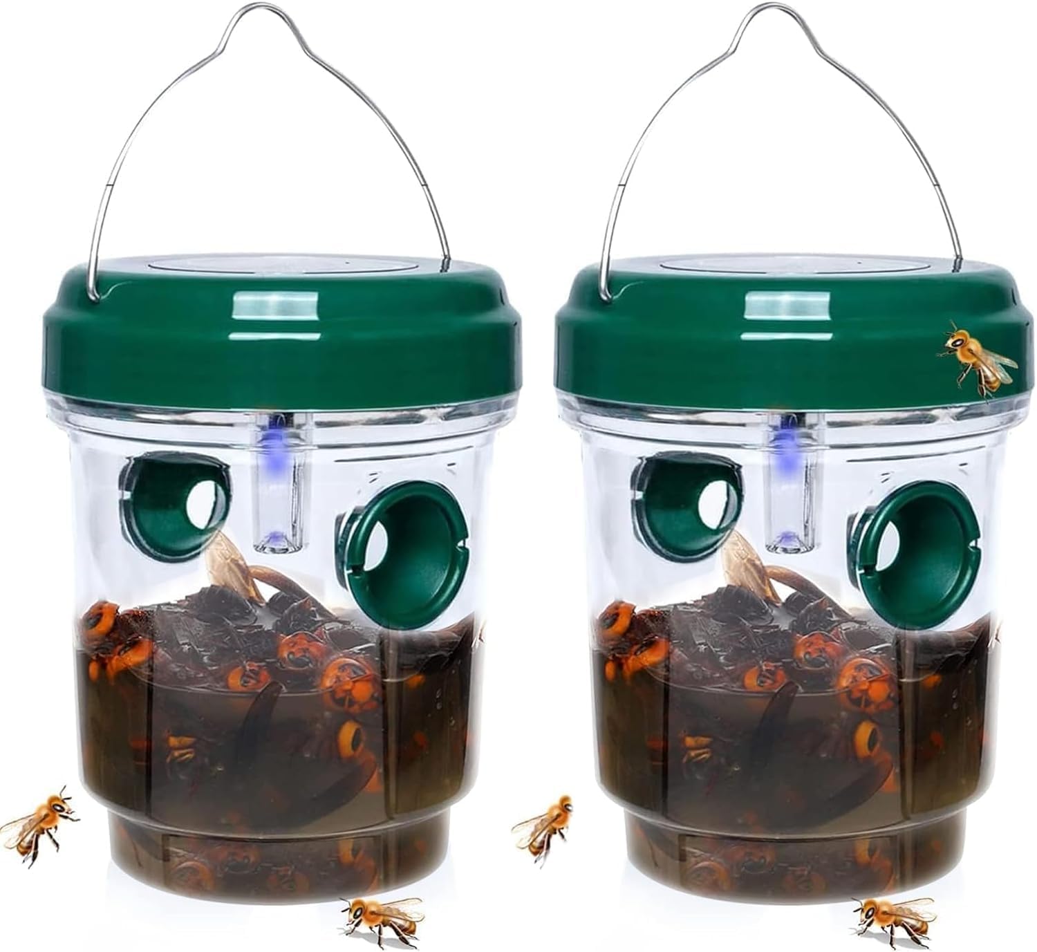 outtkitywi 2 Pack Solar Wasp Traps, Solar Powered Wasp Killer Hanging with UV LED Light, Reusable Bee Trap Catcher Outdoor for Hornets, Yellow Jackets