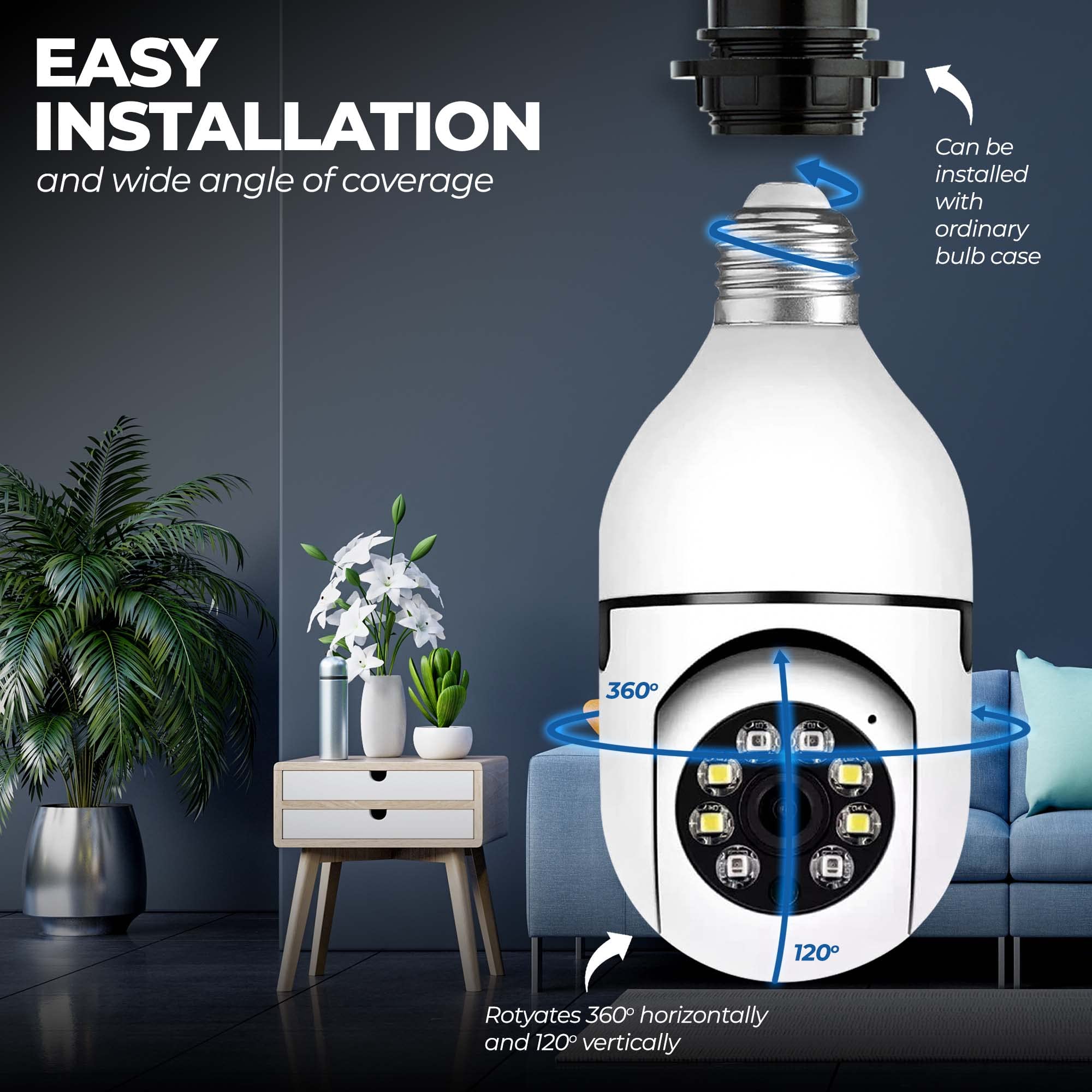 SkyQ Light Bulb Security Camera Wireless Indoor/Outdoor Porch Areas - 2.4GHz/5GHz WiFi 360° Panoramic Viewing-Real time Motion Detection Alerts-Night Vision-Two Way Audio - Compatible with Alexa