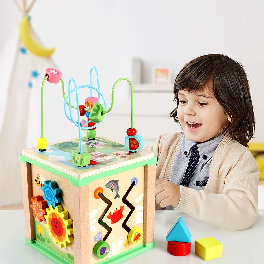 Lewo Wooden Activity Cube Bead Maze Shapes Sorter Educational Toys for Toddler Kids