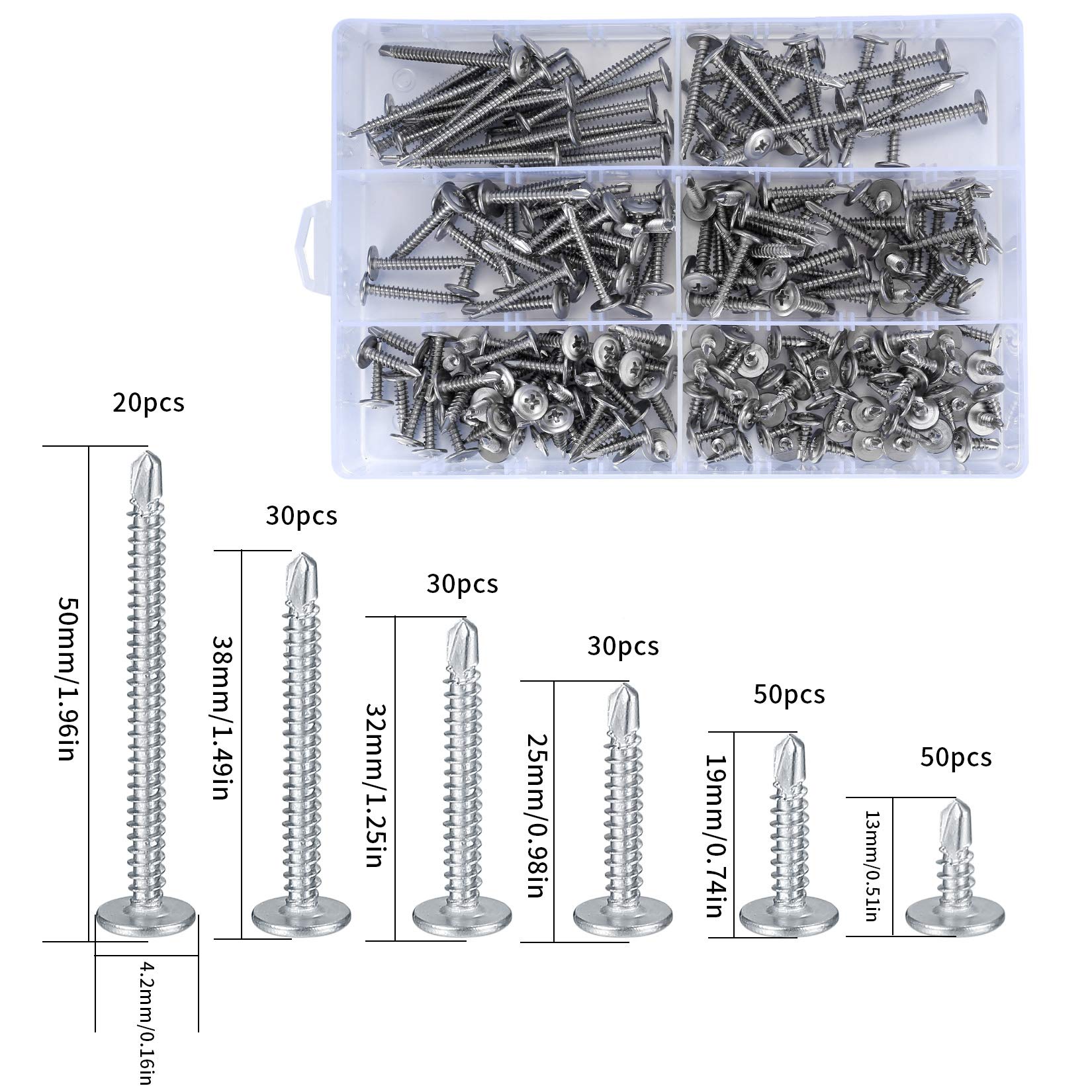 Self Tapping Screws for Sheet Metal, 210 Pcs Self Drilling Screws, Phillips Truss Head Self-Drilling Tek Screws Assortment Kit, Sheet Metal Screws - 1/2", 3/4", 1", 1-1/4", 1-1/2", 2"