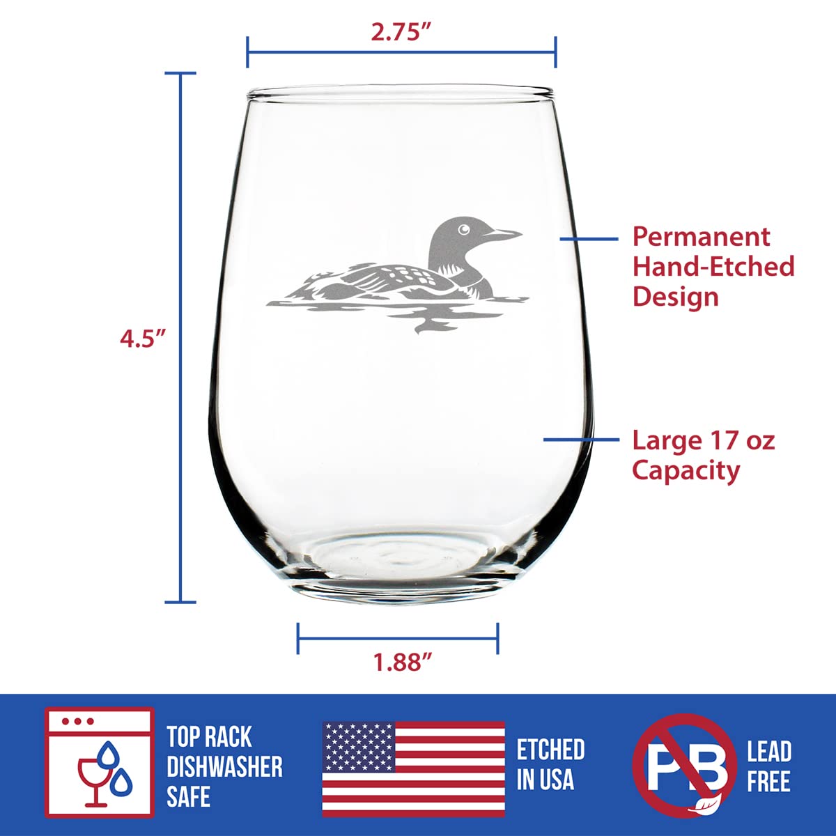 Loon - Stemless Wine Glass - Fun Bird Themed Gifts and Decor for Outdoor Lovers - Large 17 Ounce