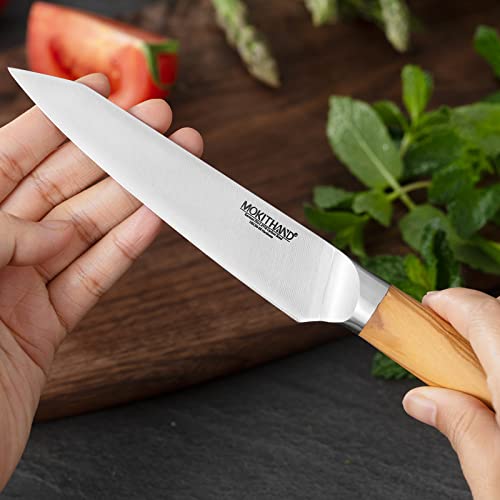 MOKITHAND Paring Knife 5 Inch Small Kitchen Knife, Professional Peeling Knife for Cutting Fruit Vegetables Meat, Forged German Steel Sharp Utility Knife with Sheath, Olive Wood Handle and Gift Box