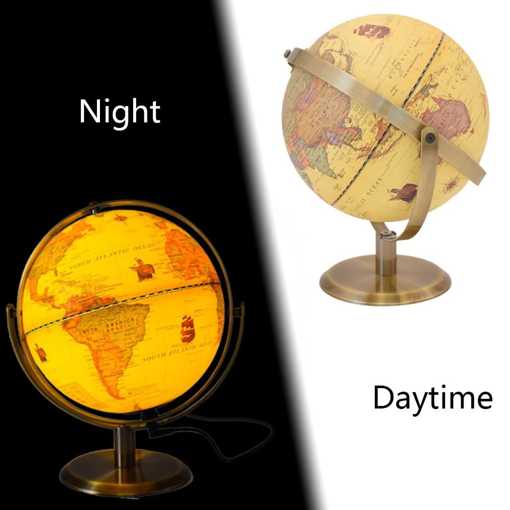JusirHe Retro Style World Globes, 8" Educational World Globe with Stand, All Angle Rotatable, Night Light with Built-in LED, Decor for Office Classroom & Home, Gift Idea for Family & Friend