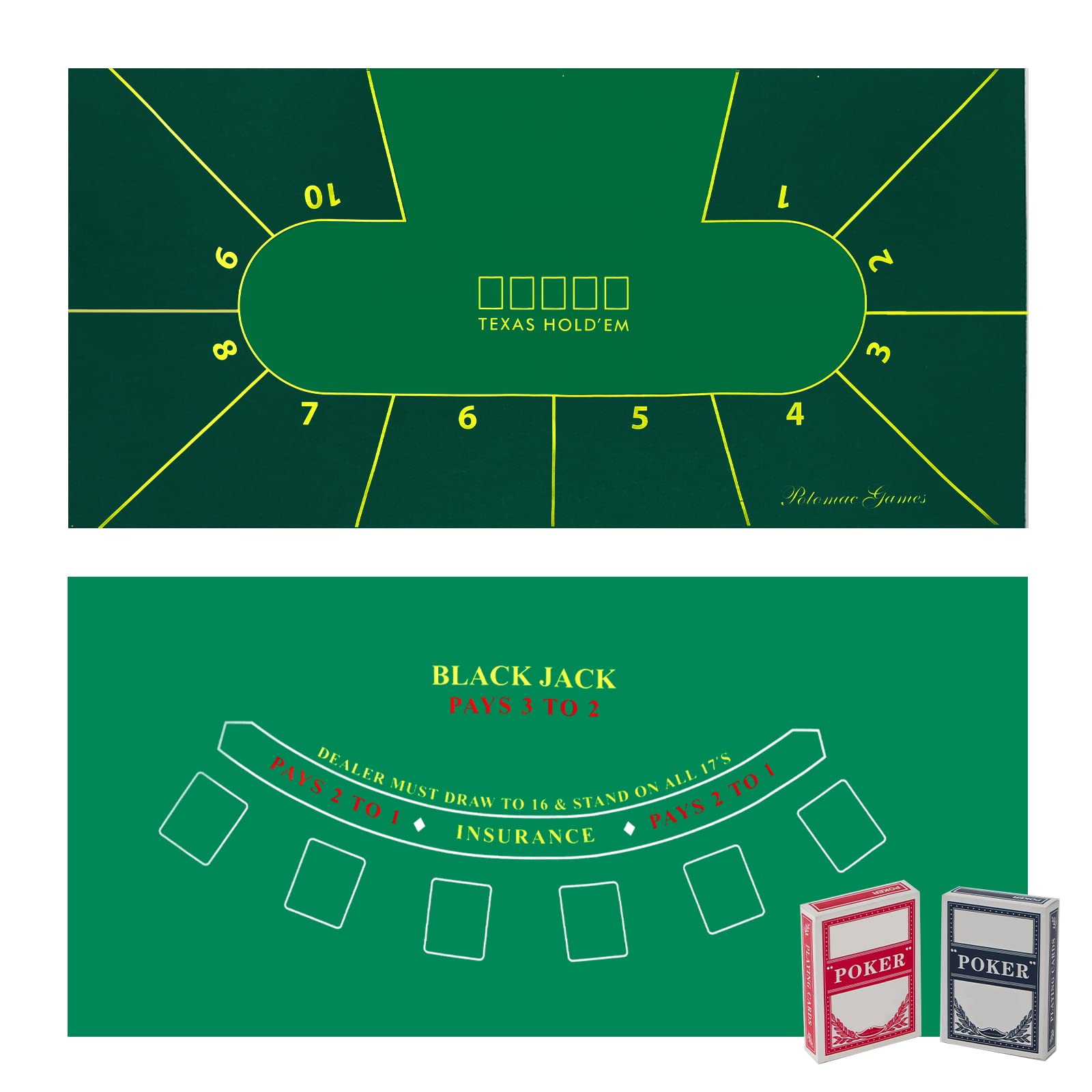 Poker Table Topper Blackjack Set โ play Casino Games using the Texas Holdem Poker Set on Green Table Cloth or Black Jack Set on Green Felt Table Mat
