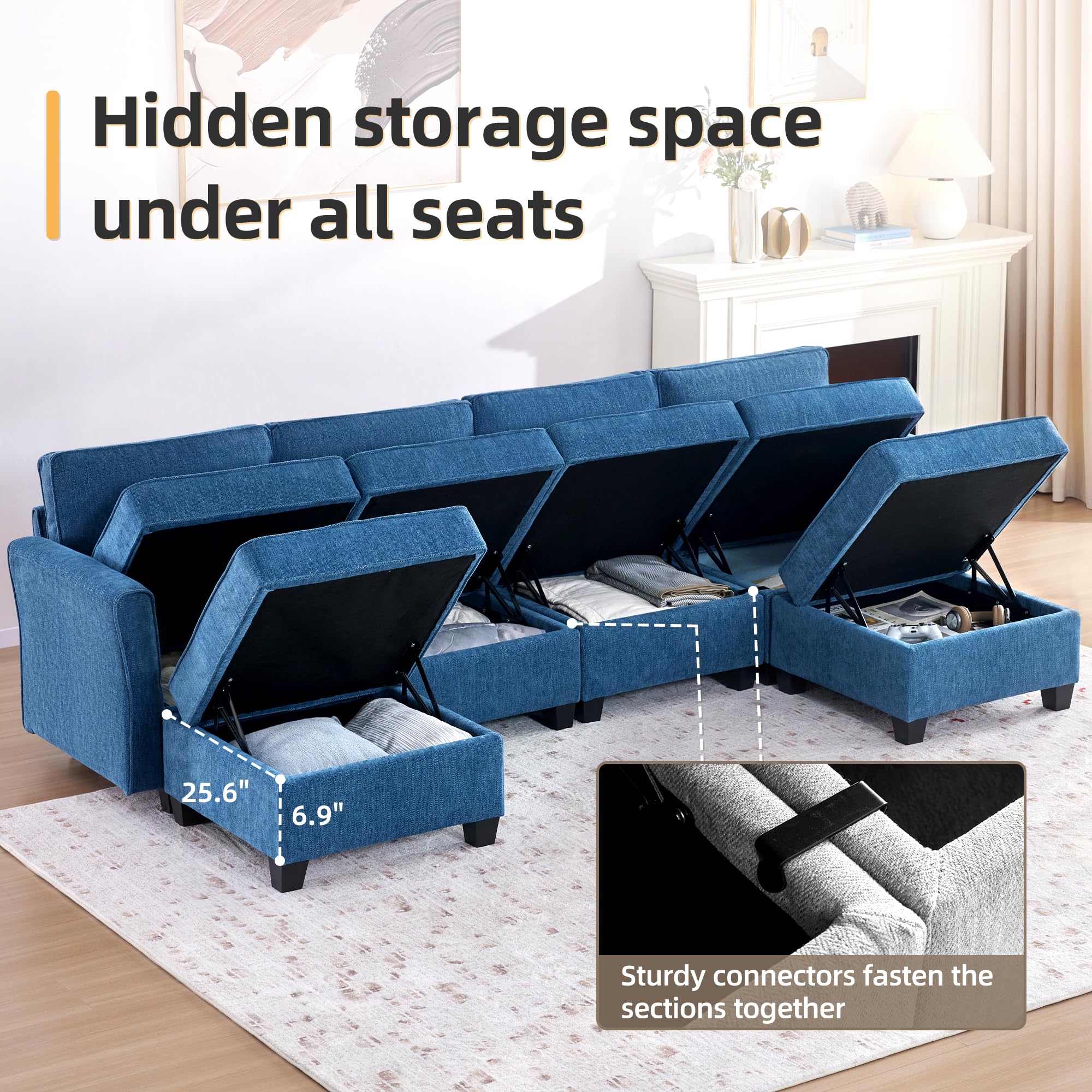 Tbfit Modular Sectional Sofas for Living Room, Sleeper Sofa Bed with Storage Ottoman, Convertible U-Shaped Couch with Adjustable Armrests and Backrests, Brown(Chenille)