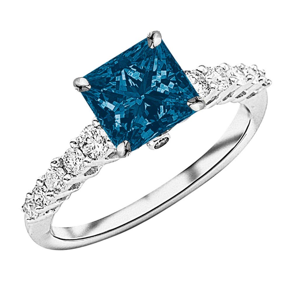 Houston Diamond District 0.95 Carat t.w 14K White Gold Classic Prong Set Side Stone Diamond Engagement Ring w/a 0.5 Carat Princess Cut Blue Diamond Heirloom Quality