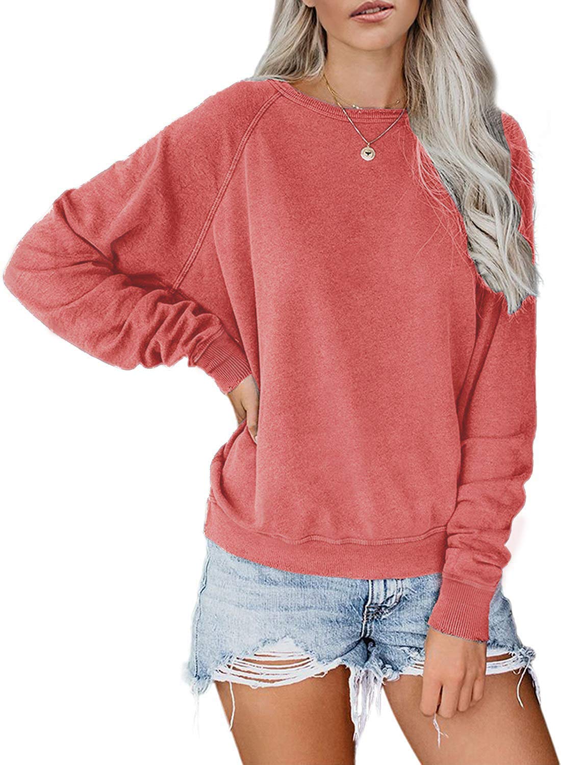 LAMISSCHE Womens Long Sleeve Shirts Casual Crewneck Sweatshirts Lightweight Workout Tops(Watermelon Red,XL)