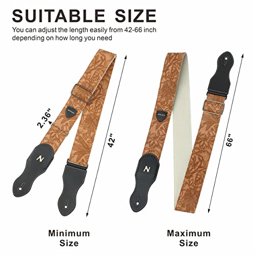 Nefelibata Guitar Strap with Pick Pocket,2.3 inch Porter Style Vegan Leather Carving Guitar Straps,60s Vintage Style(Brown Yellow)