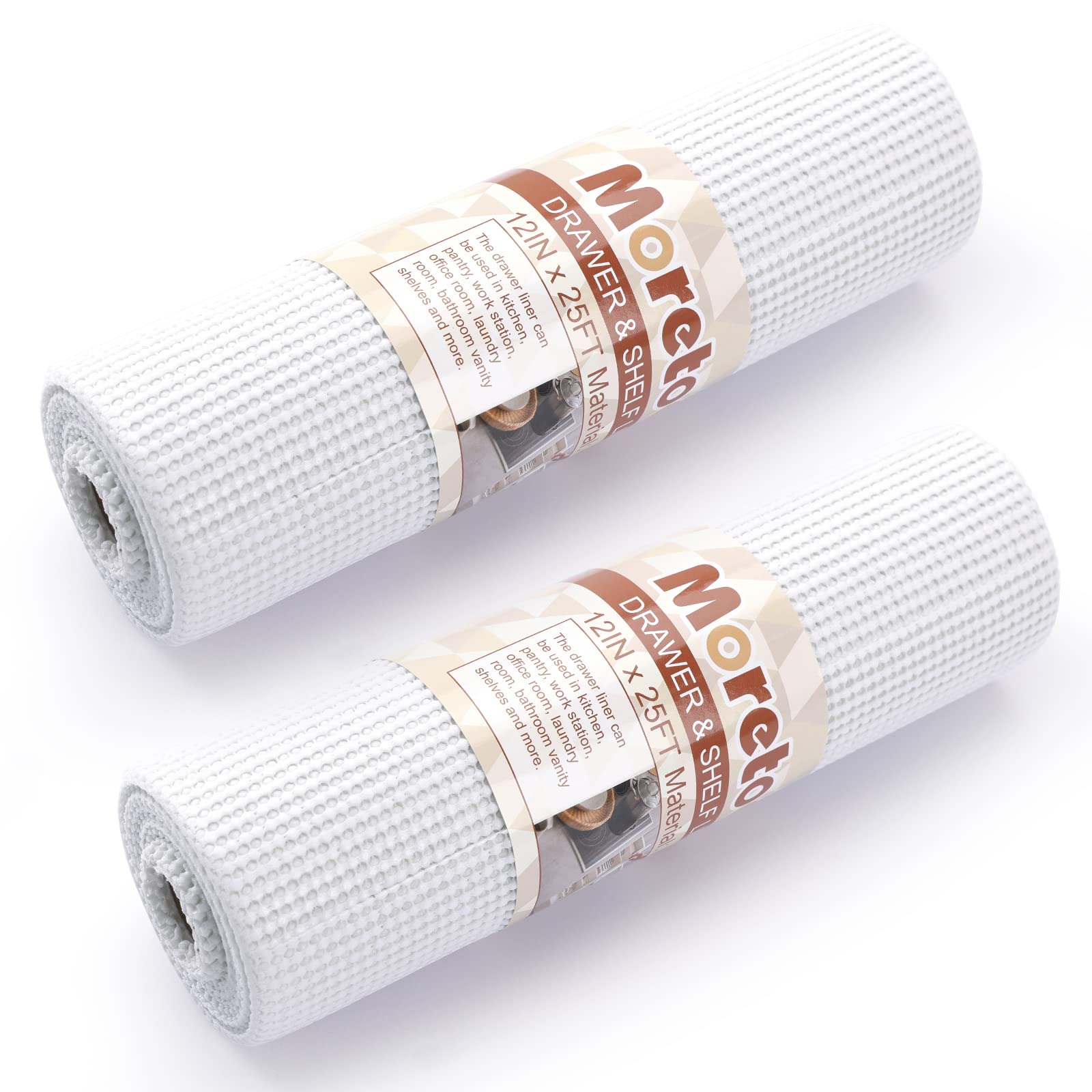 Moretoes Drawer and Shelf Liner, 2 Rolls of Non Adhesive 12 in x 25 FT Durable and Strong Cabinet Liner Non Slip for Kitchen Cupboard Pantry Table Desk Storage Organizer (White)