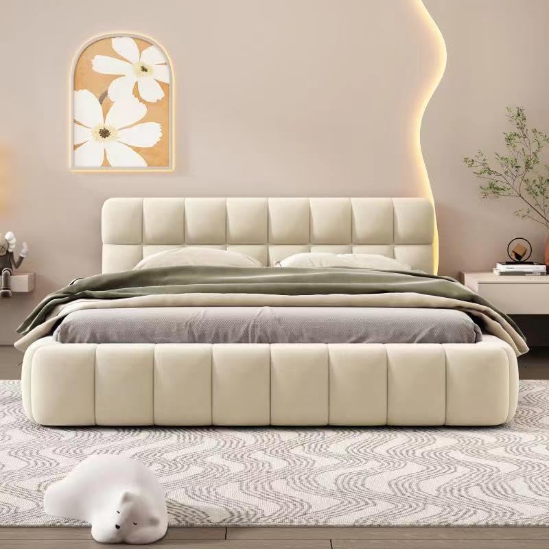 UOCFYK Upholstered Full Platform Bed with Headboards, Solid Wooden Bedframe with Wood Slat Support for Boys, Girls, Adult, No Box Spring Needed, Beige