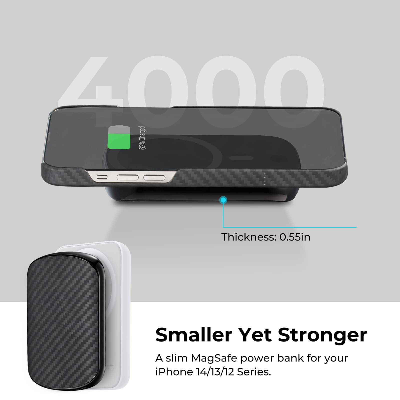 pitaka Wireless Portable Charger Power Bank for iPhone 14/13/12 Compatible with Mag Safe Battery Pack 4000mAh, 1500D Aramid Fiber Made, Black/Grey(Twill)