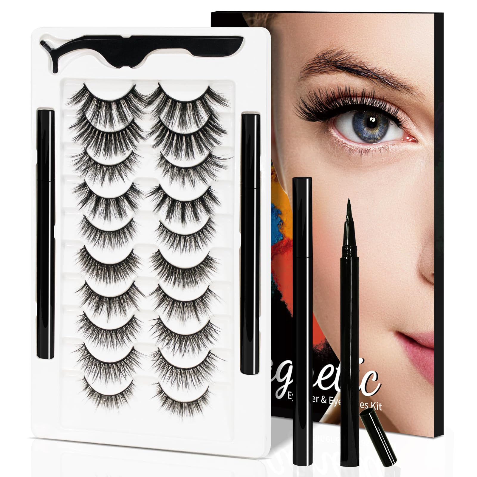 Magnetic Eyelashes and Eyeliner Set, Premium 3D Natural Magnetic Lashes with Eyeliners and Tweezer, Lightweight and Sweat-proof False Eyelashes, No Glue Required (ML)