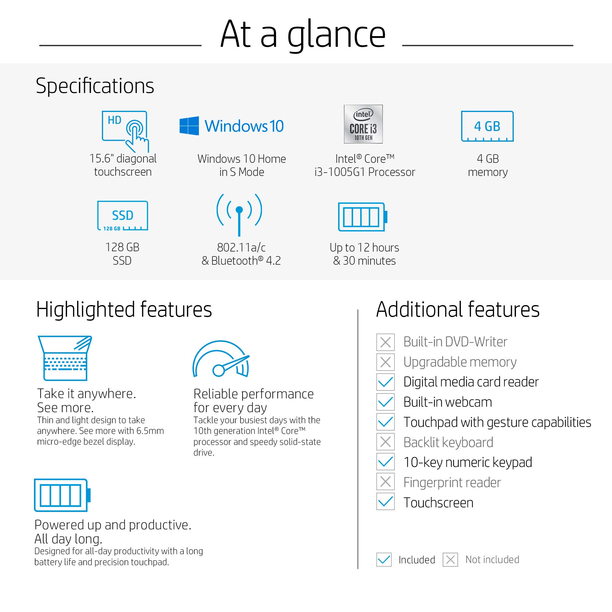 HP 15-Inch HD Touchscreen Laptop, 10th Gen Intel Core i3-1005G1, 4 GB SDRAM, 128 GB Solid-State Drive, Windows 10 Home in S Mode (15-dy1010nr, Natural Silver), 15-15.99 inches