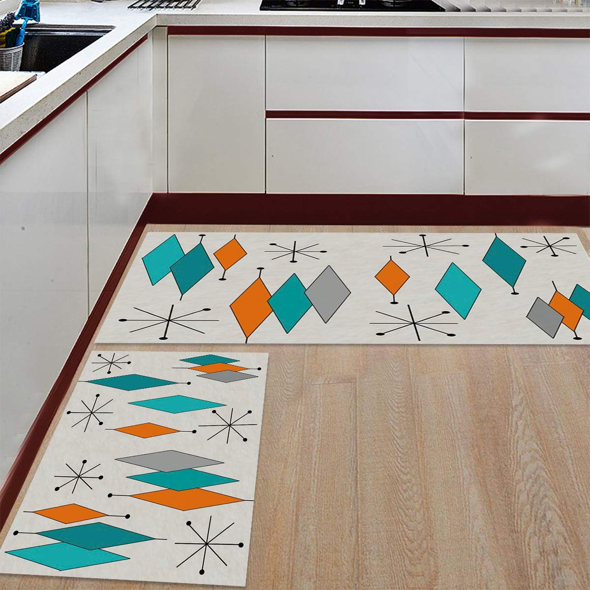 Libaoge Kitchen Rugs and Mats Set of 2 - Mid-Century Modern Diamond Gray Pattern Doormat with Non Skid Rubber Backing Floor Mat Accent Area Runner Indoor Entrance Carpet 15.7"x23.6"+15.7"x47.2"