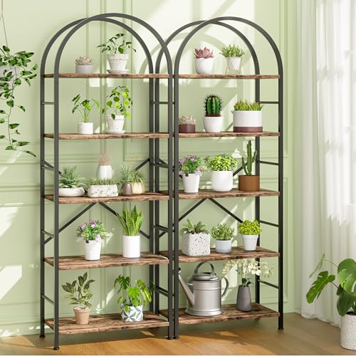 Shintenchi Bookshelf, Arched Bookshelf 5 Tier Bookcase, Tall Bookcase Shelf for CDs/Books, Home Office Bookcase Shelf Storage Organizer, Modern Book Shelf for Bedroom/Living Room, Rustic Brown