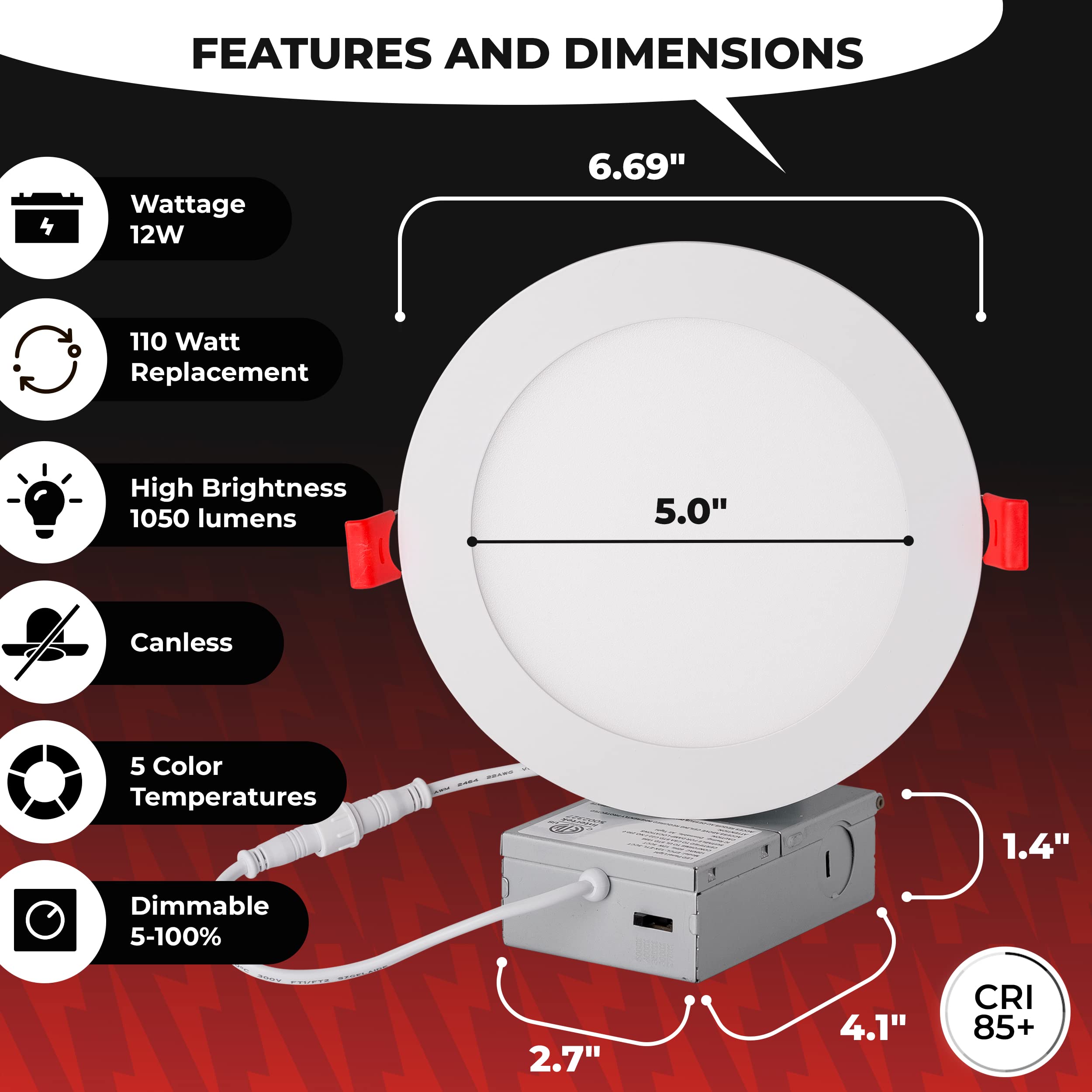 Sehnlich LED Recessed Lighting 6 inch (12 Pack) - LED Ceiling Lights Ultra Thin Dimmable Canless - 2700K/3000K/3500K/4000K/5000K Color Selectable Downlight - 1050LM High Brightness - ETL & Energy Star