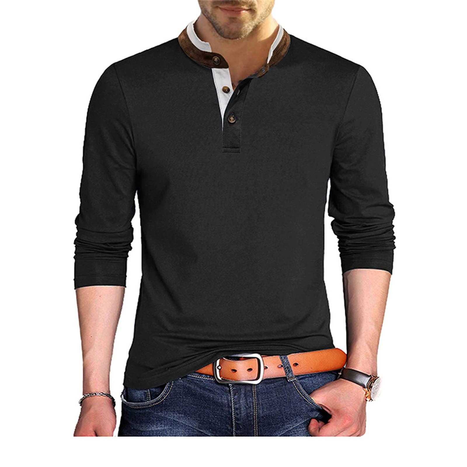 Men's Henley Cotton Casual Long Sleeve Lightweight Button T-Shirts Workout Tops Black