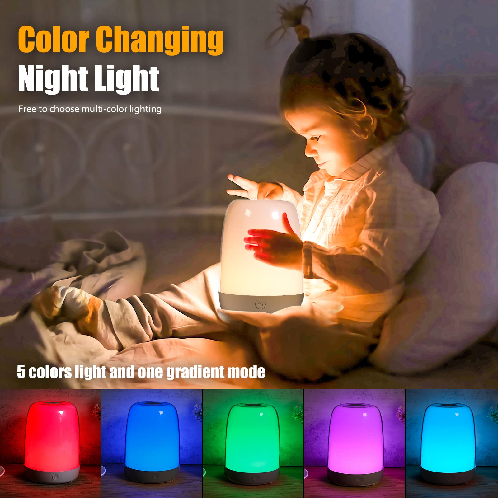 Orenic Nursery Night Light for Baby, Dimmable Warm Light & 5 Color Changing Touch Night Lamp, USB Rechargeable for Kids Room,Breastfeeding,Toddlers Bedroom