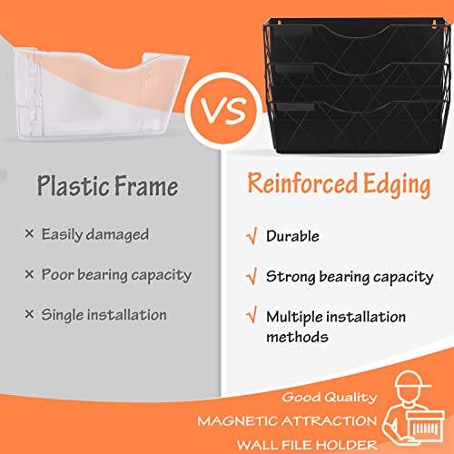 Magnetic File Holder, File Organizer for File Cabinets, Mail Organizer Vertical Magazine Holder for Refrigerator, No-Drill Mount Hanging Magnetic Folder Holder for Office Home(3-Tier, Black)