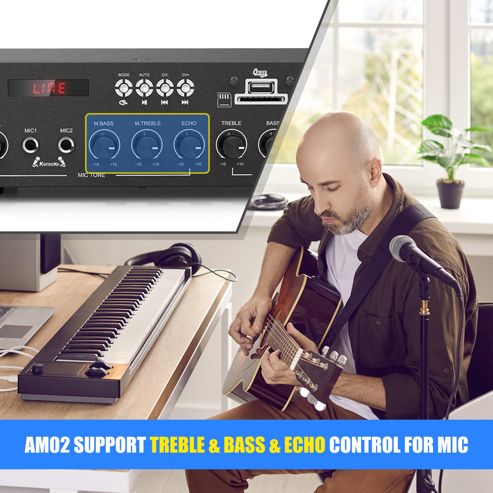 NEOHIPO AM02 300W Bluetooth 5.0 Class AB Stereo Power Amplifier 2.0CH Audio Receiver Amp for Home Theater Entertainment Studio Use with Wireless/RCA/USB/SD Card/Karaoke Input