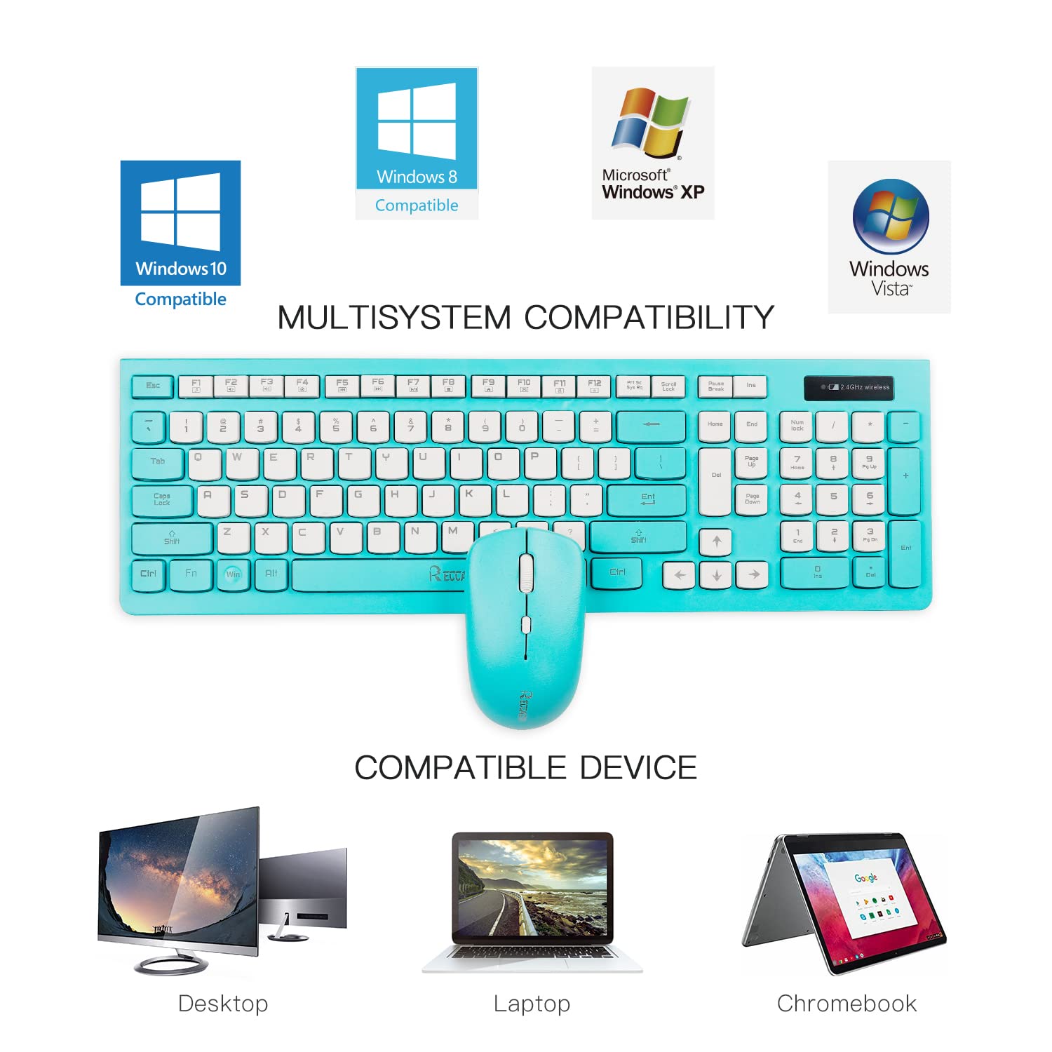 RECCAZR Wireless Keyboard and Mouse Combo, Full-Sized Wireless Keyboard and Adjustable DPI Mouse, 2.4GHz USB Receiver, Wireless Keyboard and Mouse for PC, Windows, Desktop, Laptop (Blue)
