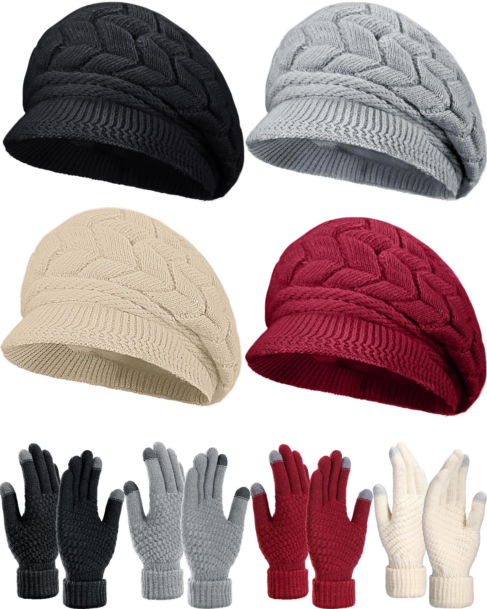 Newcotte 8 Pcs Women Hats Gloves Winter Set, Warm Girls Cap Beanie Hat Knit with Visor Snow Ski Caps and Touch Screen Gloves
