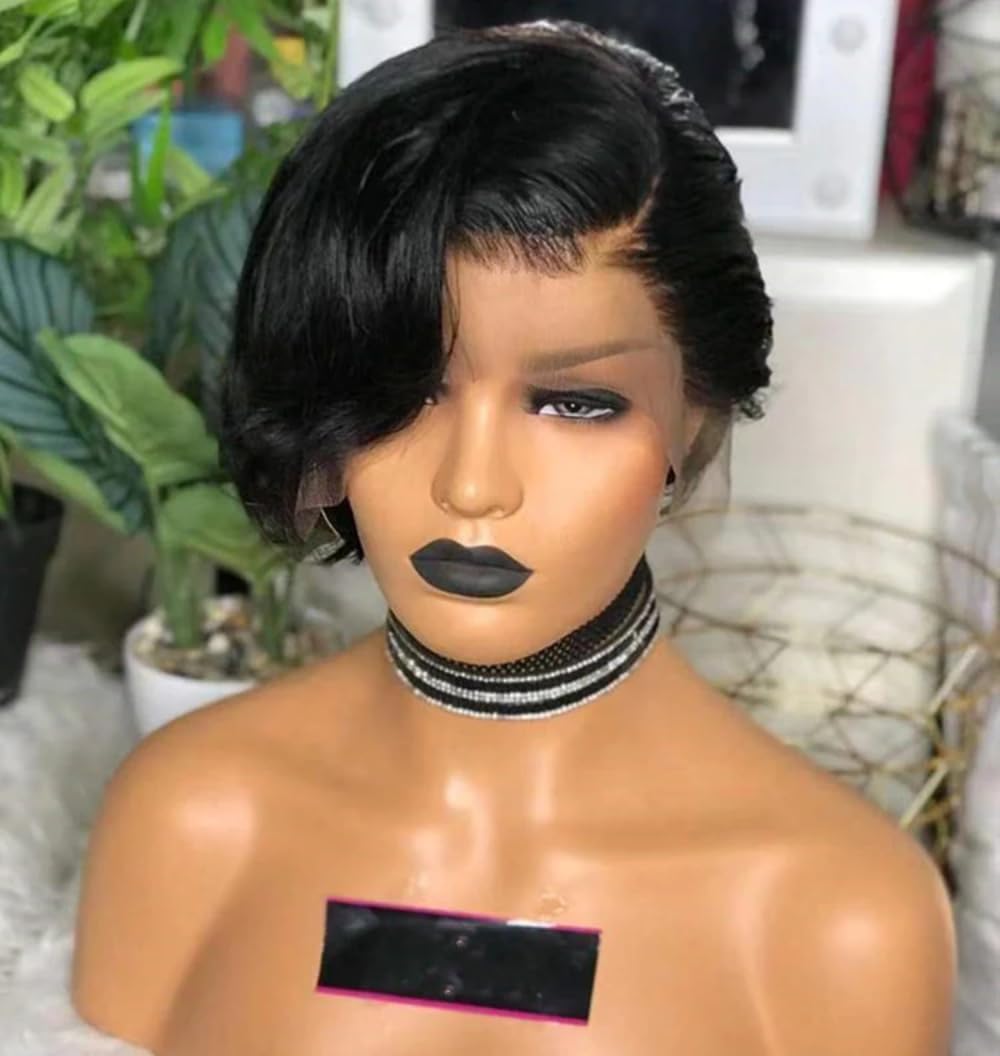 Pixie Cut Wigs Natural Black Color European Human Hair With Glueless Transparent Lace Front Wig color 1 8 Inches