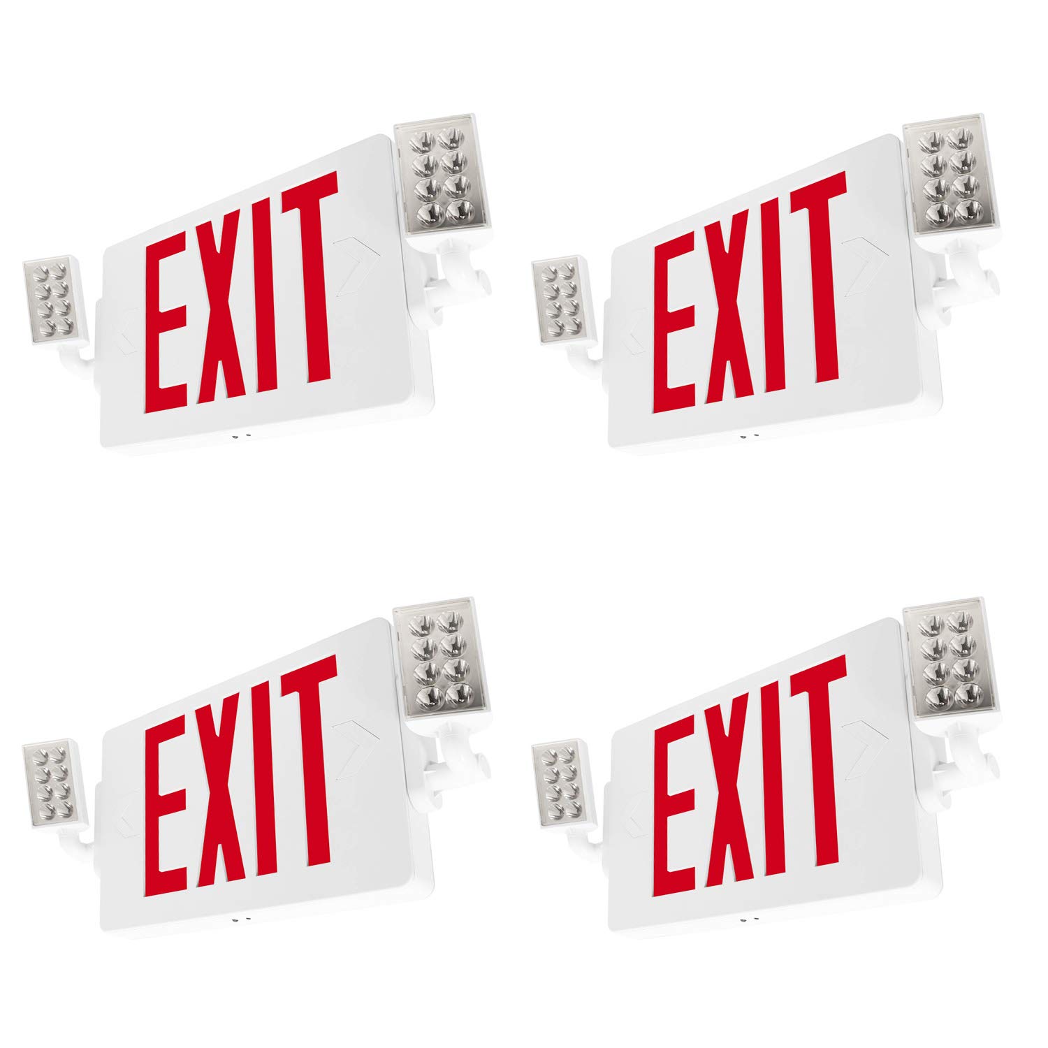 LFI Lights | Thin Combo Red Exit Sign with Emergency Lights | White Housing | All LED | Two Adjustable Heads | Hardwired with Battery Backup | UL Listed | (4 Pack) | COMBOT-R
