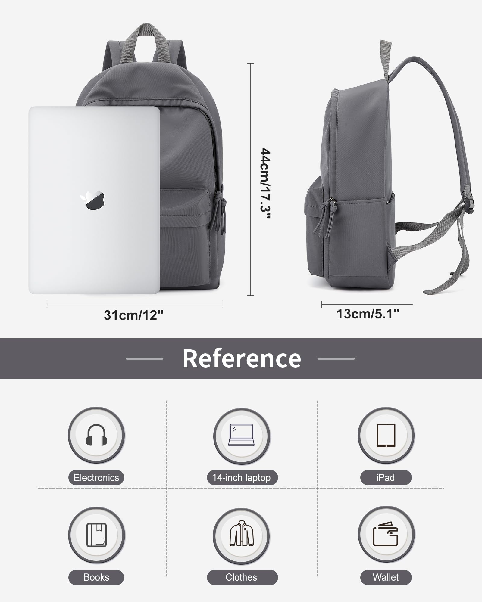 kibachev Grey Backpack for College Backpack for Women Laptop Backpack for Men Aesthetic Backpack Leisure Backpack