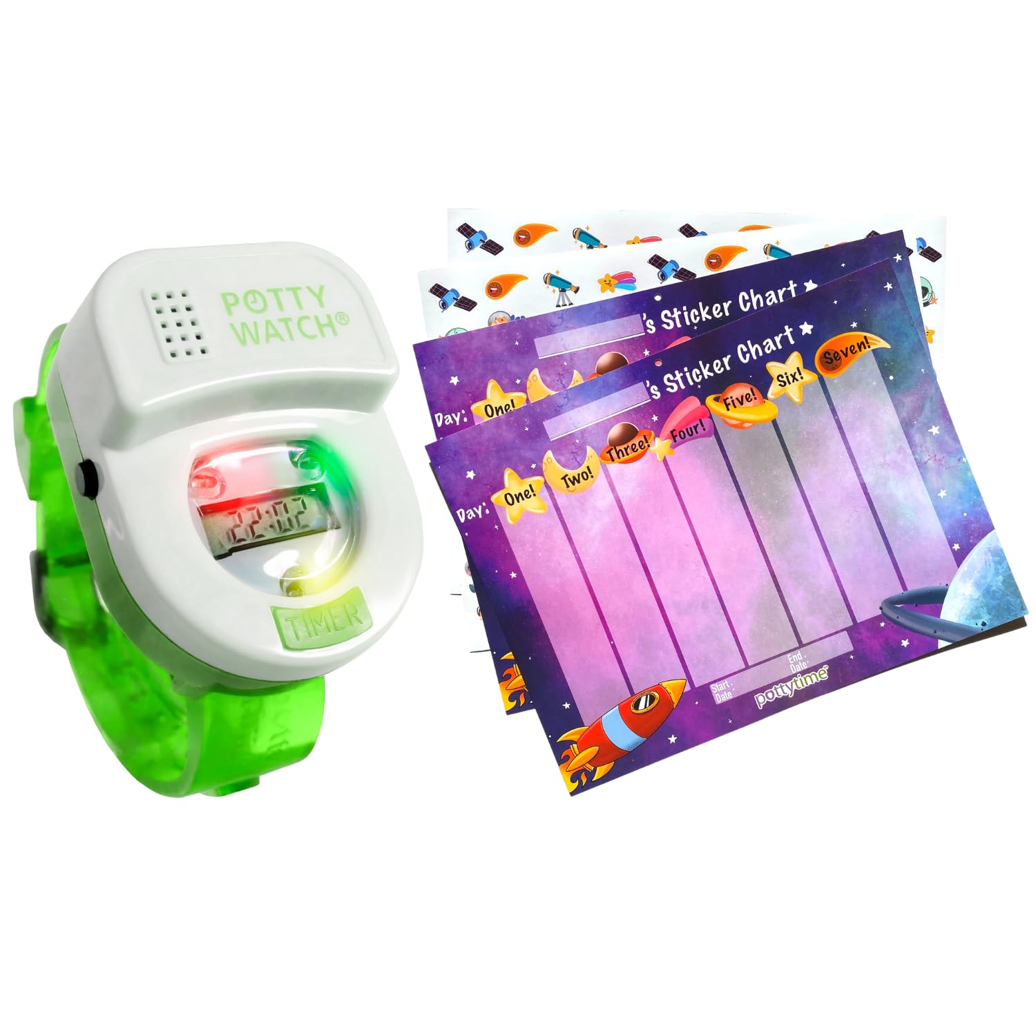 Potty Time: Purple Watch & Sticker Set | Water Resistant, Toilet Training Aid, Warranty Included. (Automatic Timers Plays Music & Flashing Lights for Fun Reminders), Green + Space Sticker Chart Kit