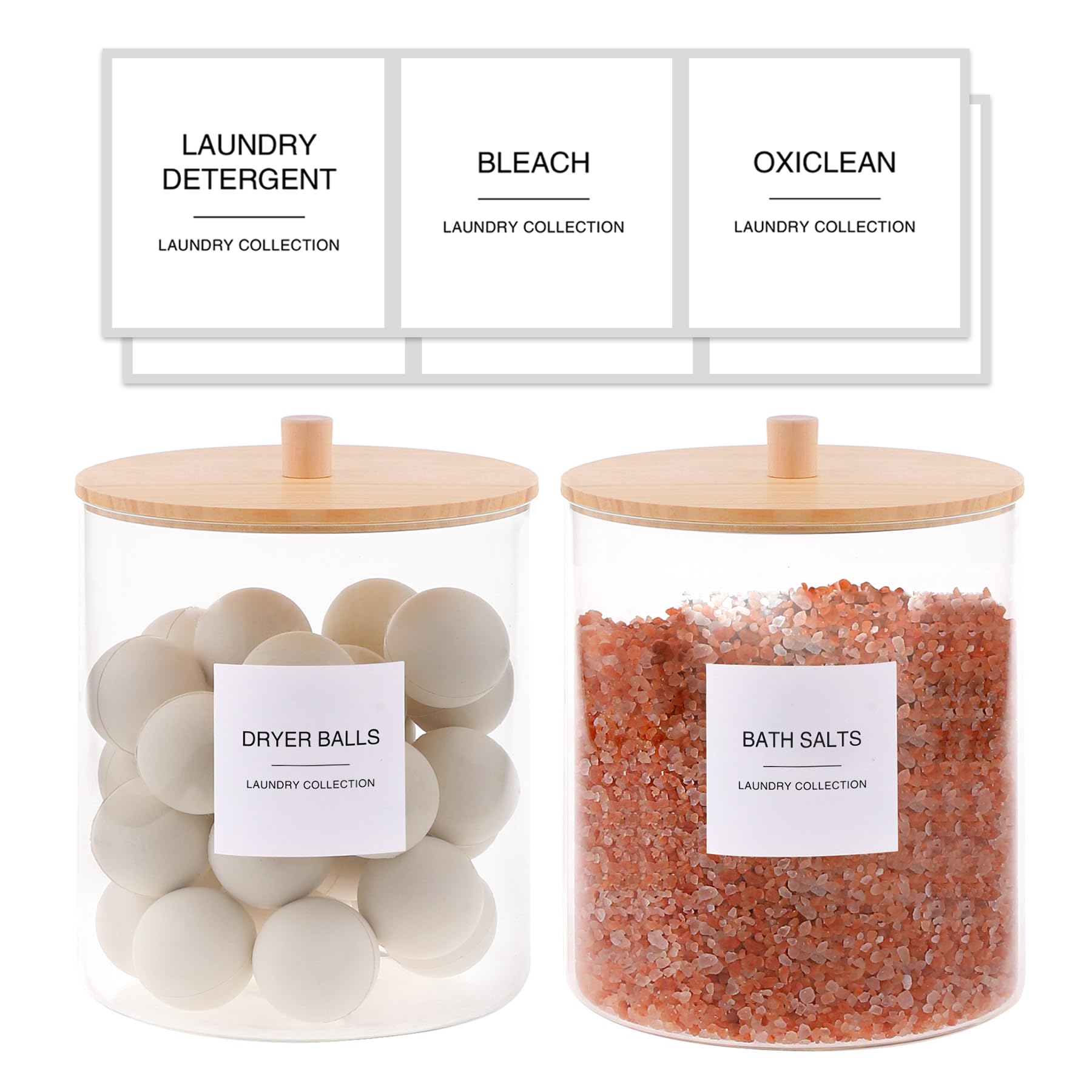 TIPGO Glass Jars and Acrylic Dryer Sheet Holder, Laundry Pods Container with Bamboo Lid and 27 Labels, Powder Detergent Containers for Laundry Room Organization, Storage Jars Set (3 Pack)
