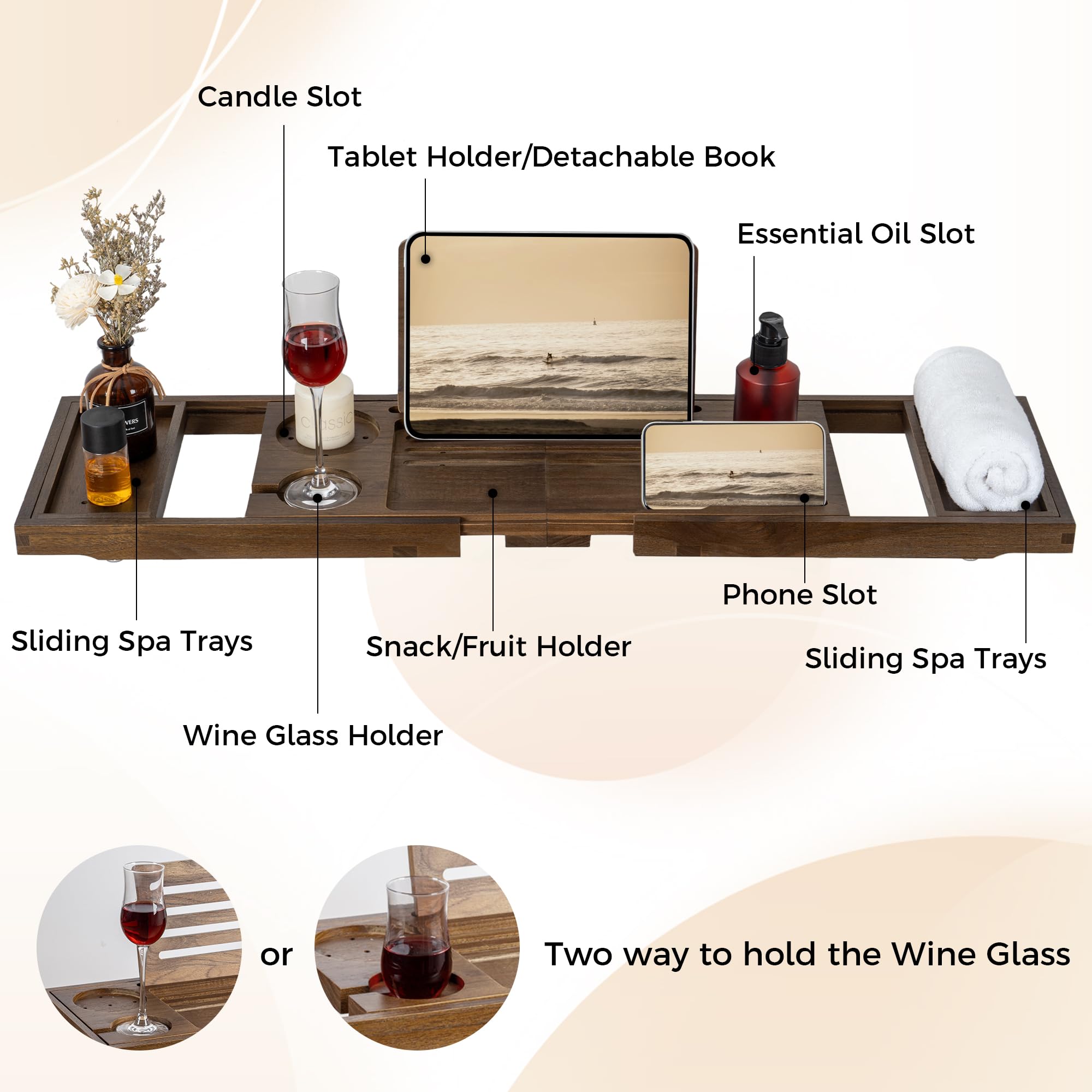 Teak Bathtub Tray - Luxury Bath Tray with Expandable Handles, Wine Glass and Phone Holders, Book Stand - Perfect for Home Spa Relaxation and Reading - Natural Bath Accessories