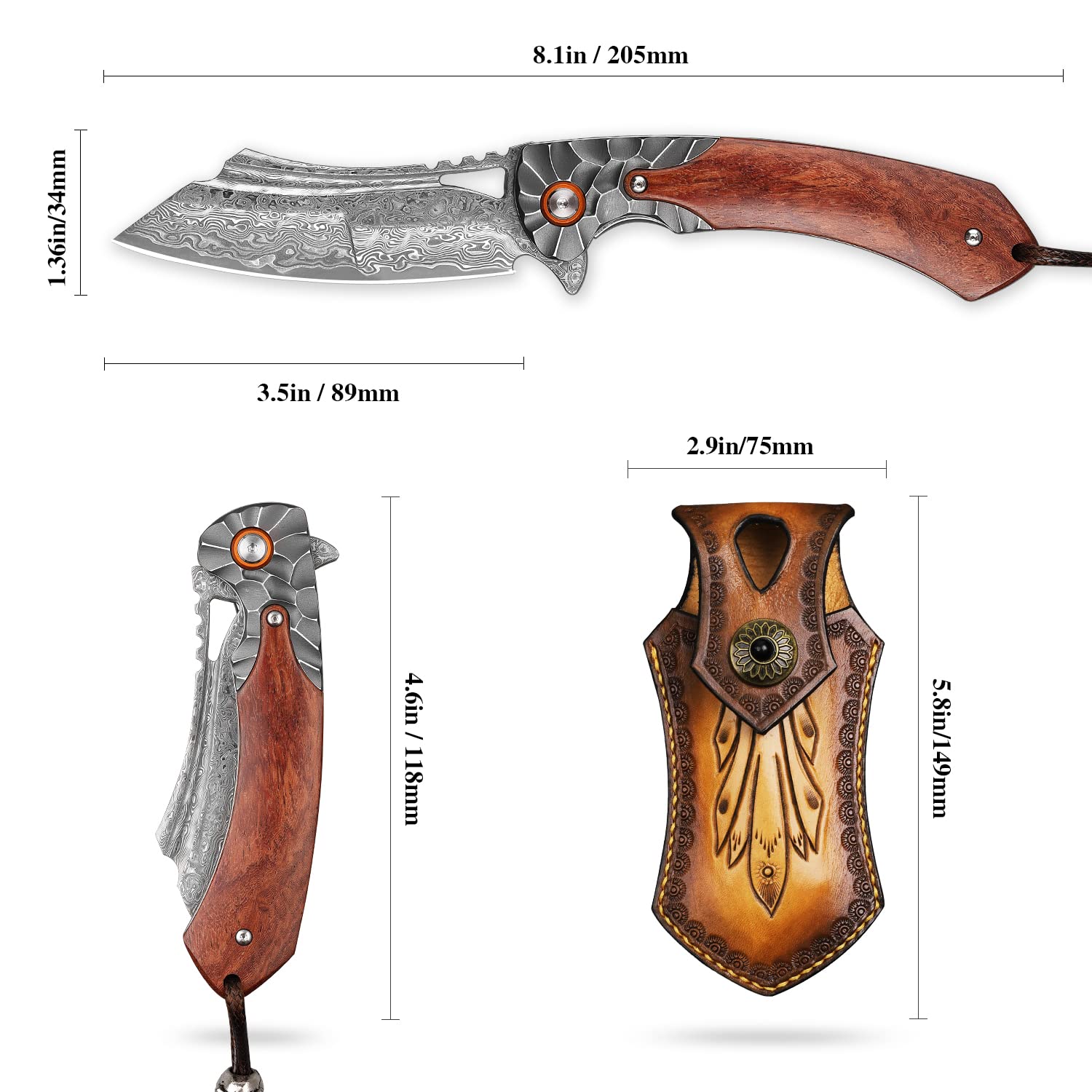 Minowe men's pocket knife Damascus Steel Handmade Folding Knife,3.5 in blade rosewood handle,with leather case ,Liner Lock Steel ball bearings,pocket clip ,EDC Camping Outdoor Survival Knife