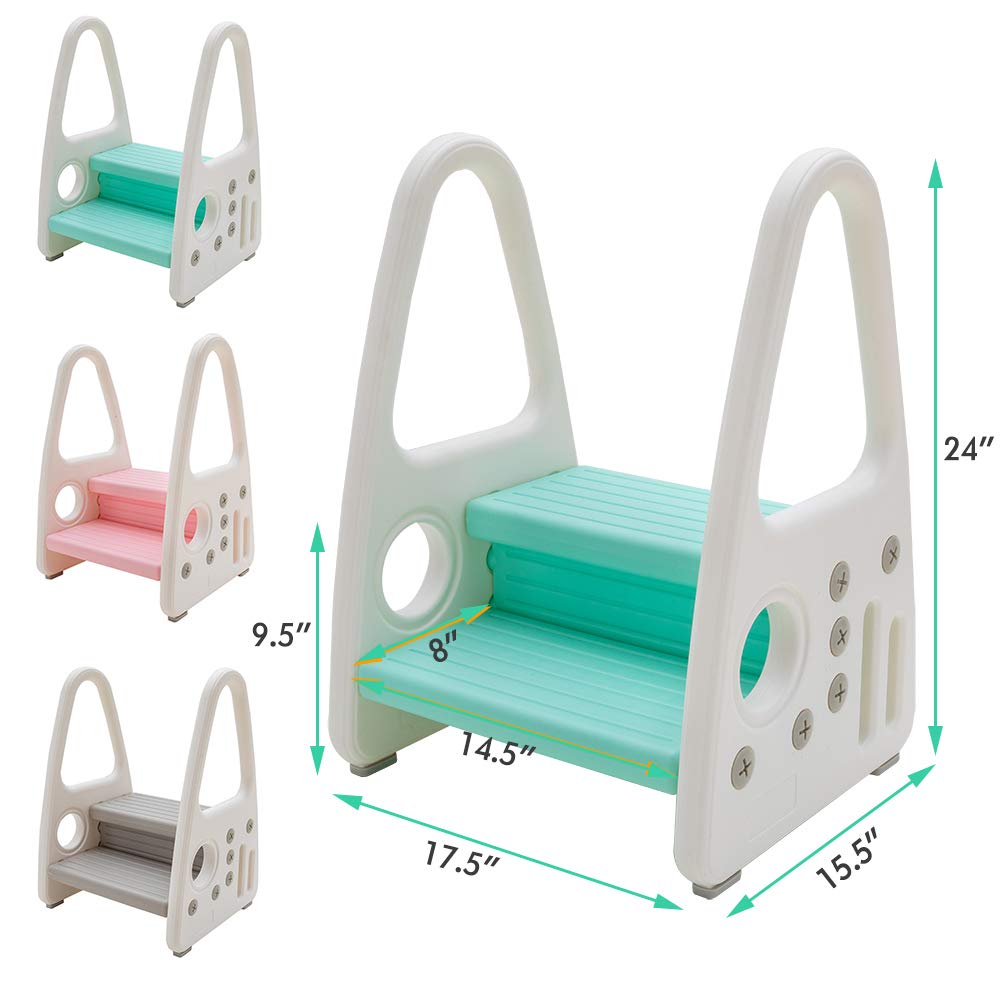 KATARUS Toddler Step Stool for Kids Two Step Standing Tower for Kitchen Counter, Bathroom Sink & Toilet Potty Training, Children Step Up Learning Helper with Handles and Safety Non-Slip Pads, Green