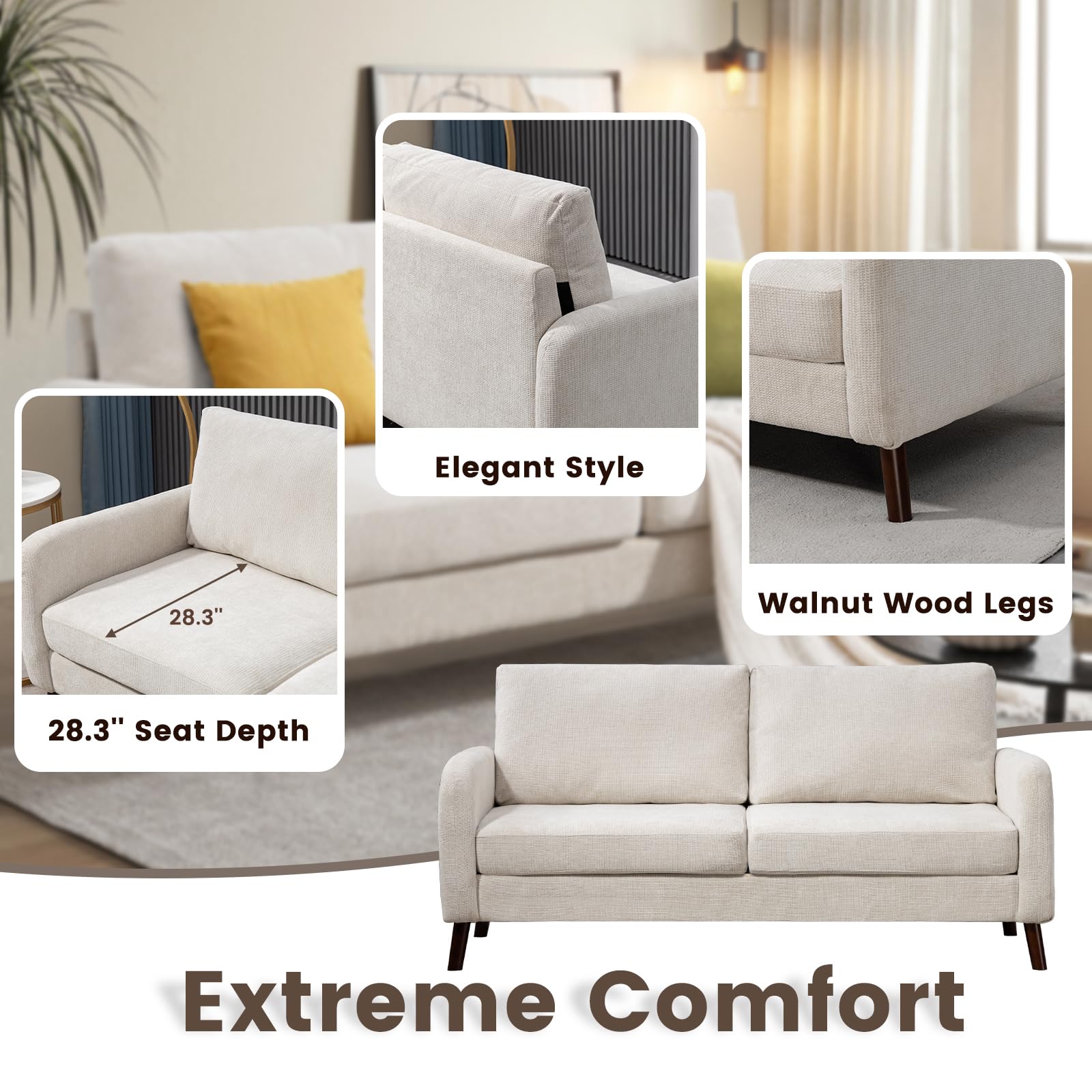RIHEREFY 69'' Loveseat Sofa Couch, Small Couches for Small Space with Removable Backrest & Wooden Legs,Small Loveseat Sofa with Soft Cushion for Living Room,Bedroom, Apartment(Beige)