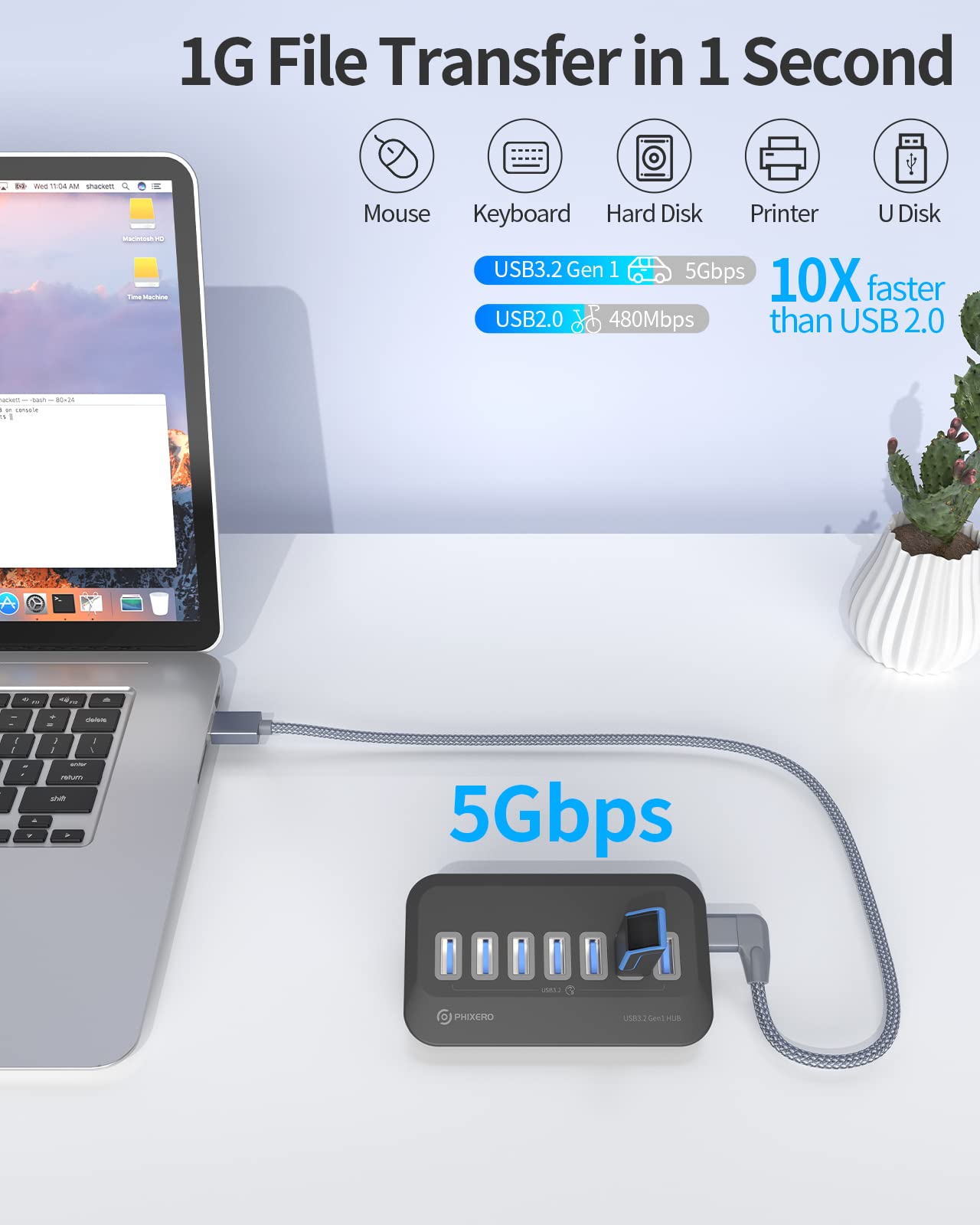 PHIXERO 4 Ports USB 3.0 Hub, 5Gbps USB Port Hub with a 2-in-1 USB C to USB A/C Cable (10Gbps), Portable USB Splitter, USB Hub for Laptop, PC, iMac, MacBook, Playstation, Xbox
