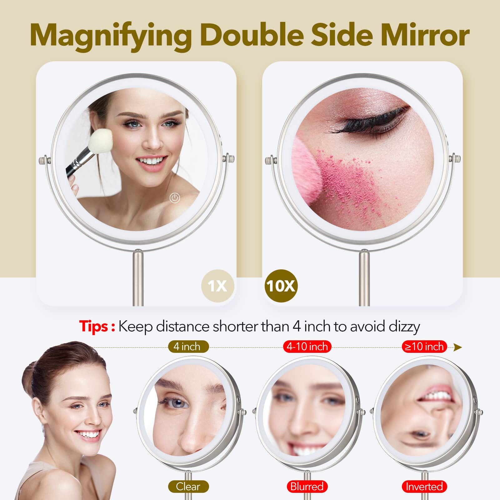Rechargeable 8 inch Desktop Vanity Mirror with Light,3 Colors 1X/10X Table Lighted Makeup Mirror with 360° Rotation Touch Screen,LED Dimmable Desk Lit Cosmetic magnifying Mirror Brushed Nickel