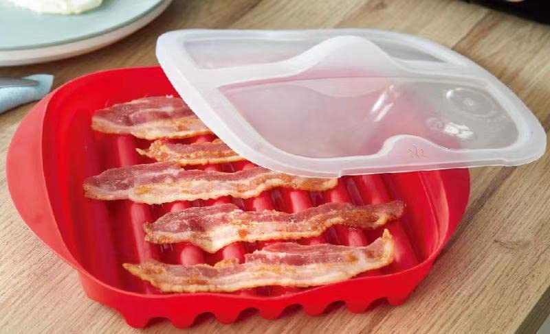 newkaijian Microwave Bacon Tray with Splatter Lid, Safety, Quick and with No Mess, Microwave Bacon Cooker Make Crispy Bacon in few Minutes(red)