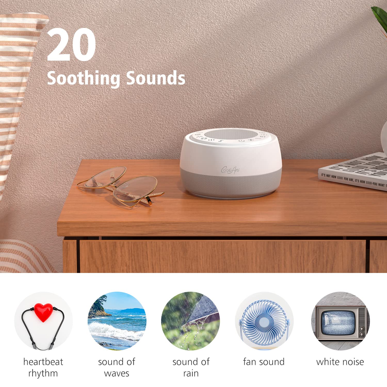 Sound Machine & Night Light & Bluetooth Speaker 3-in-1,CoocAni Rechargeable White Noise Machine with 24 Soothing Sound and Memory Function, Timer for Baby Kids Adults