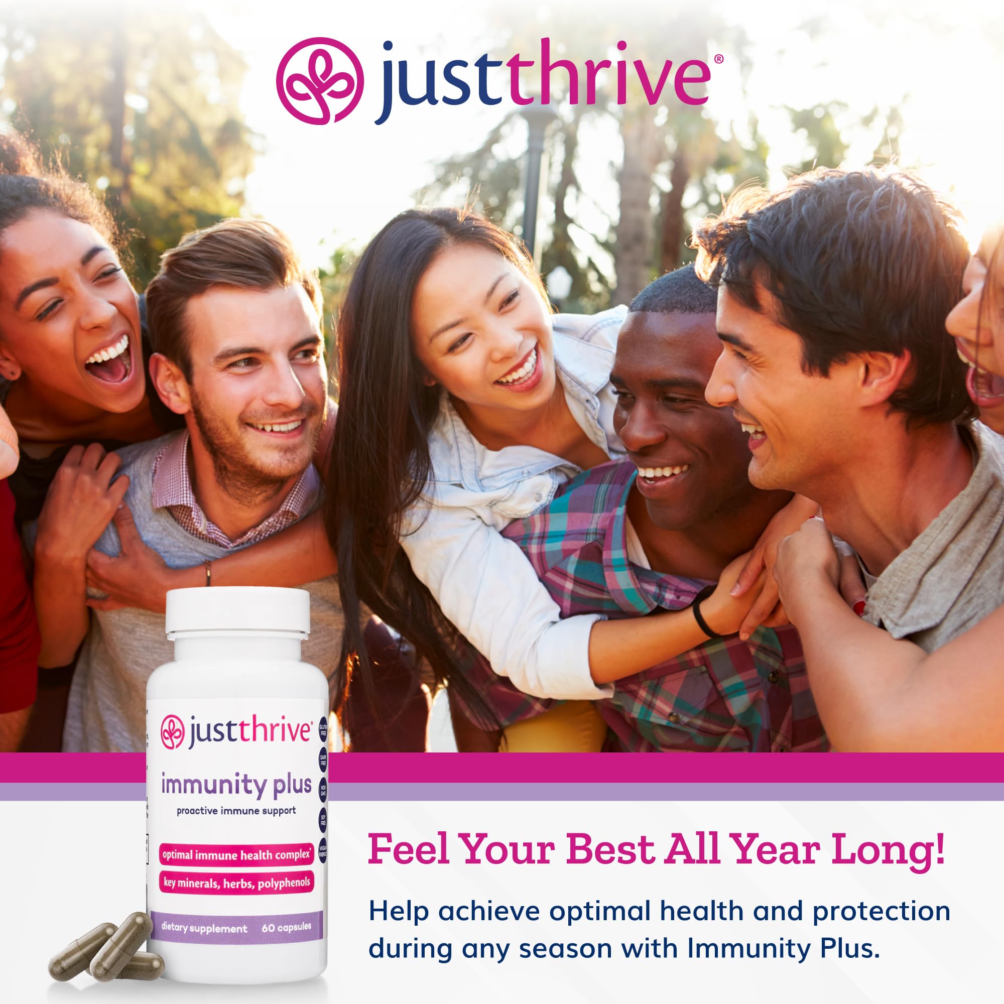 Just Thrive Immunity Plus - Vegan Gut Health and Immune Support Supplement for Kids and Adults, 60 Capsules