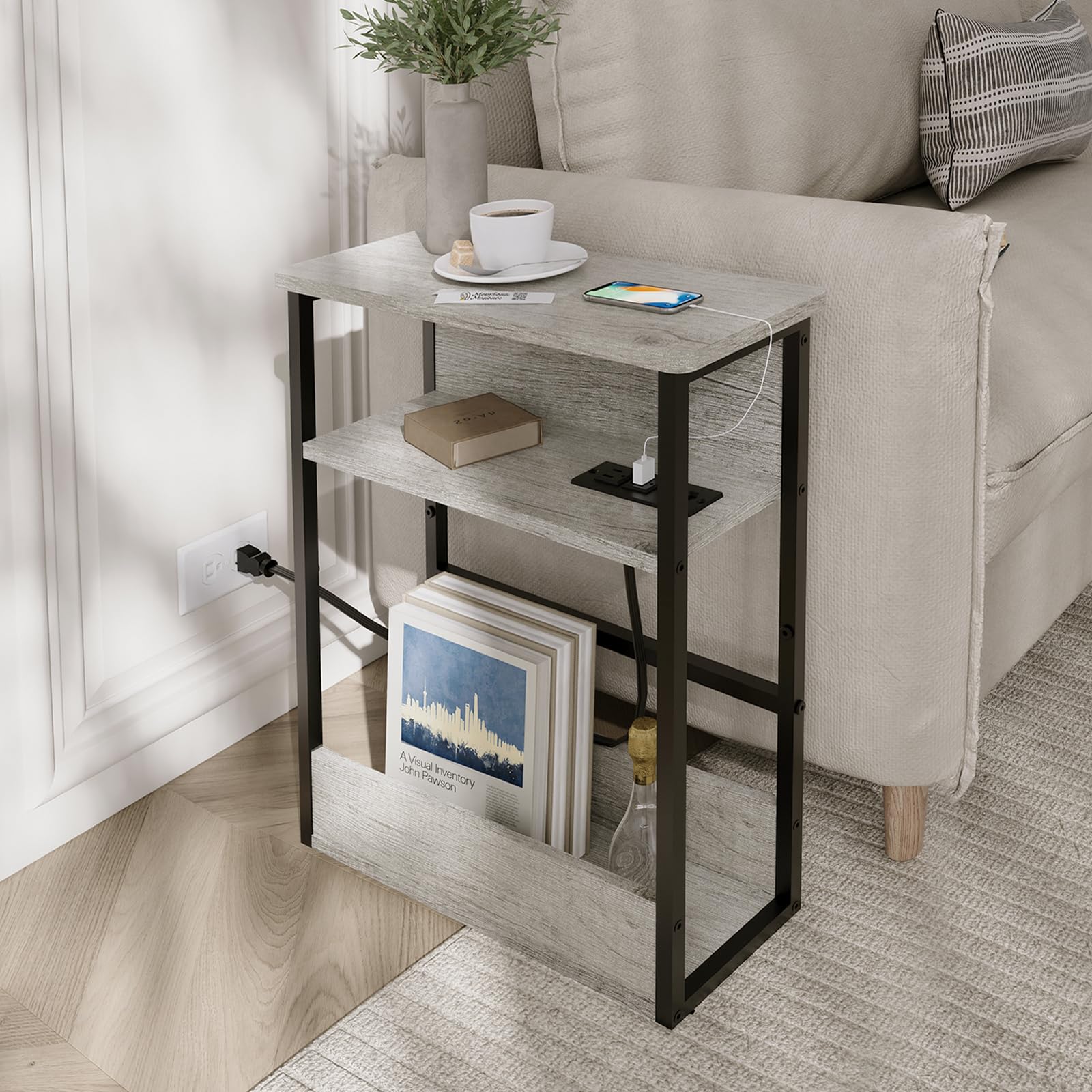 GGWEW Narrow End Table with Charging Station, 3 Tier Slim Side Table for Small Spaces, 23.6 Inch Height Thin Tables with Storage Shelf and Magazine Rack for Living Room, Light Grey Blue