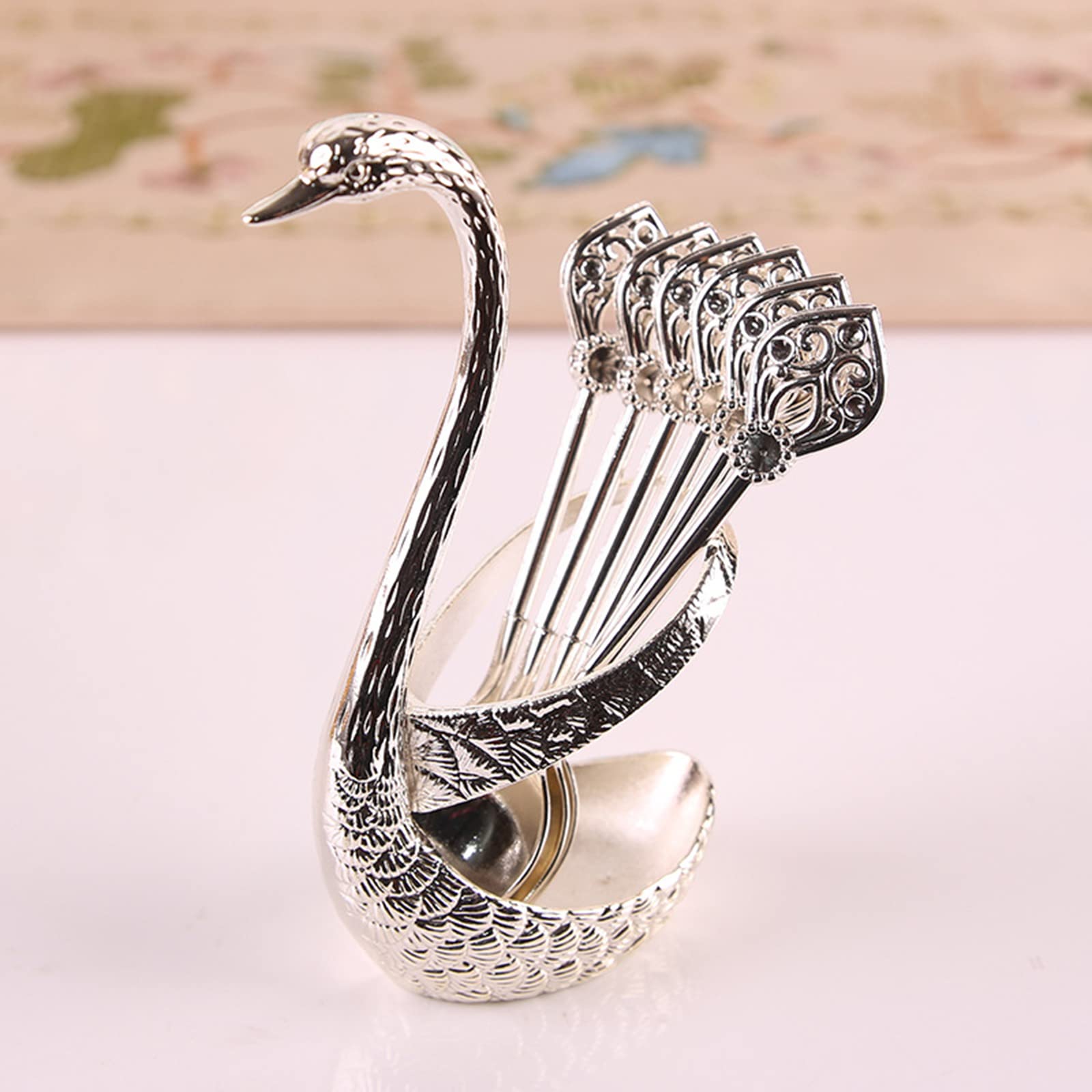 Metal Swan Base Spoon Fork Holder Set, Coffee Fruit Dessert Flatware Dinnerware Set for Decorative Swan Base Holder with 6 Forks or 6 Spoons (Silver spoon-4.9x2.2in)