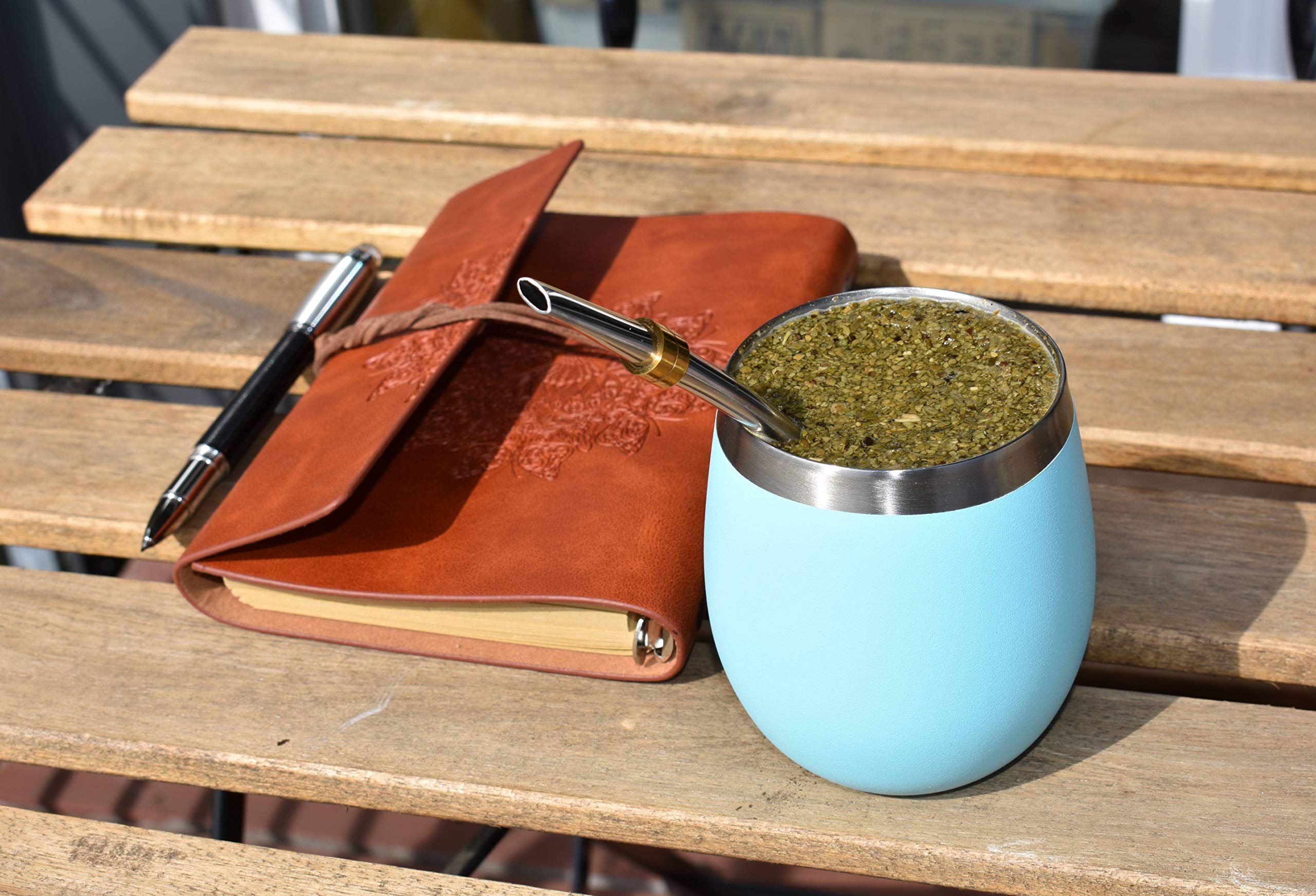 Novomates Yerba Mate Kit Including Double Wall Stainless Steel Mate Tea Cup and Mate Straw β Yerba Mate Cup and Bombilla Mate - Yerba Mate Gourd - Bombilla Mate and Mate Tea Cup 8oz (237ml) (Teal)
