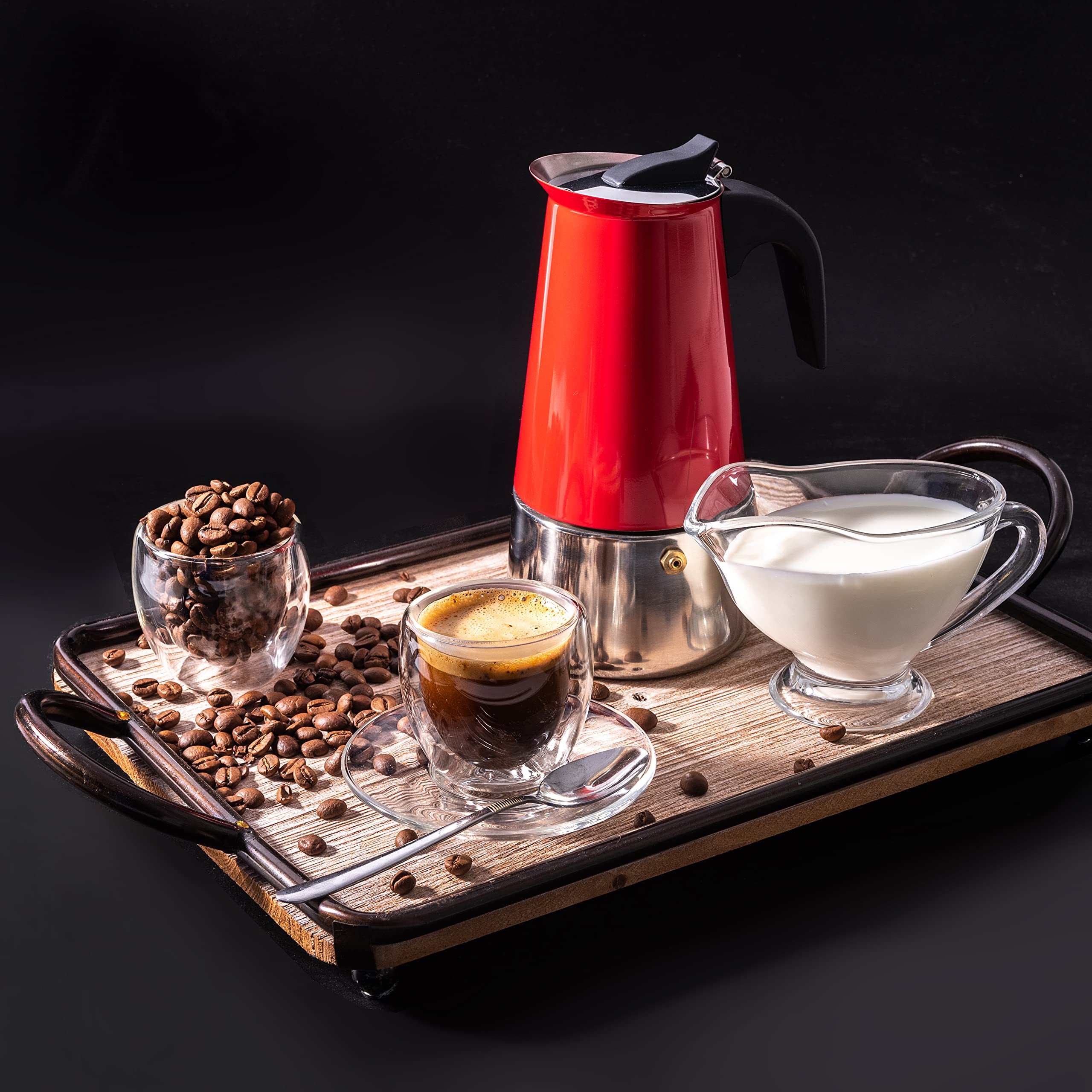 Mixpresso Stovetop Espresso Coffee Maker 15oz/9 Espresso Cup, Moka Coffee Pot with Coffee Percolator Design, Stainless Steel Stovetop Espresso Maker, Italian Coffee Maker, Red Coffee Maker