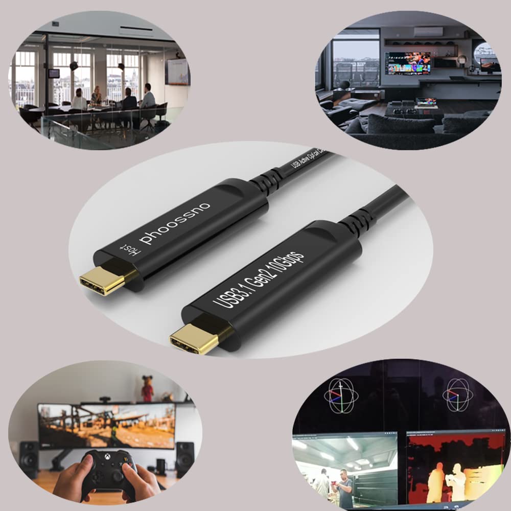 phoossno USB C to C Fiber Optical Cable USB 3.1 Type C Cable 10Gbps 50FT Compatible with Microsoft Azure Logitech Camera Aver &Vaddio & Barco ClickShare Touch Screen Kinect Intel RealSense