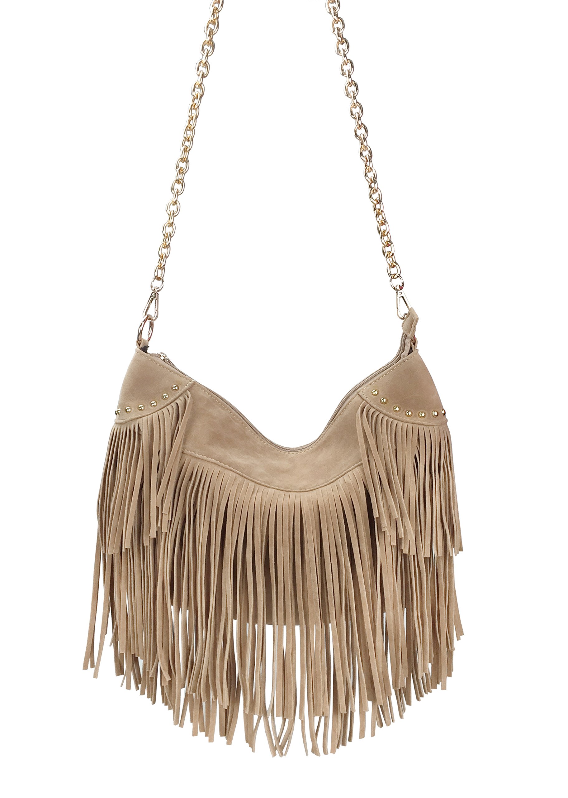 HOXIS Studded Tassel Faux Suede Leather Hobo Cross Body Chain Shoulder Bag Womens Satchel (Khaki)