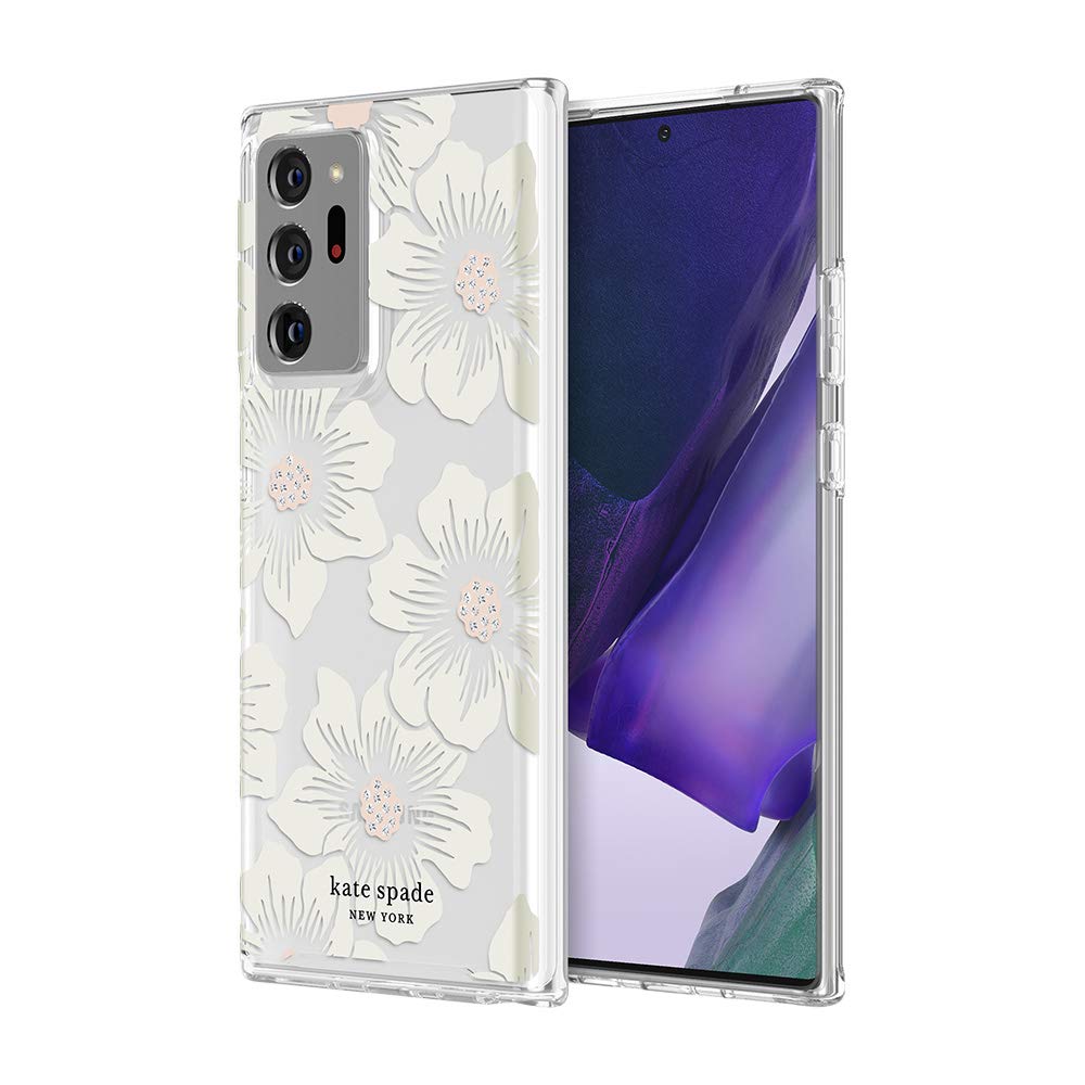 kate spade new york Protective Hardshell Case (1-PC Comold) for Samsung Note 20 Ultra & Samsung Note 20 Ultra 5G - Hollyhock Floral Clear/Cream with Stones/Cream Bumper