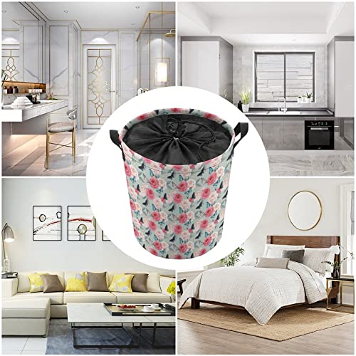 Roses and Butterfly Laundry Basket Round Collapsible Storage Bin with Drawstring and Handle for Bedroom Bathroom Toys Room 17.3" X 13.8"