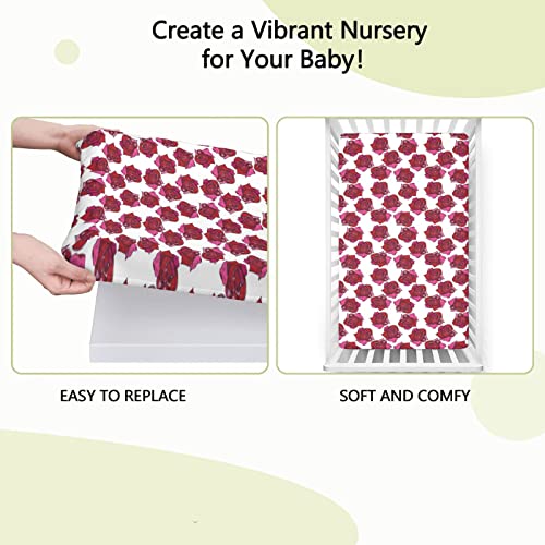 Roses Themed Fitted Mini Crib Sheets,Portable Mini Crib Sheets Soft Toddler Mattress Sheet Fitted-Baby Sheet for Boys Girls,24β x38β,Raspberry Pink Dark Magenta White