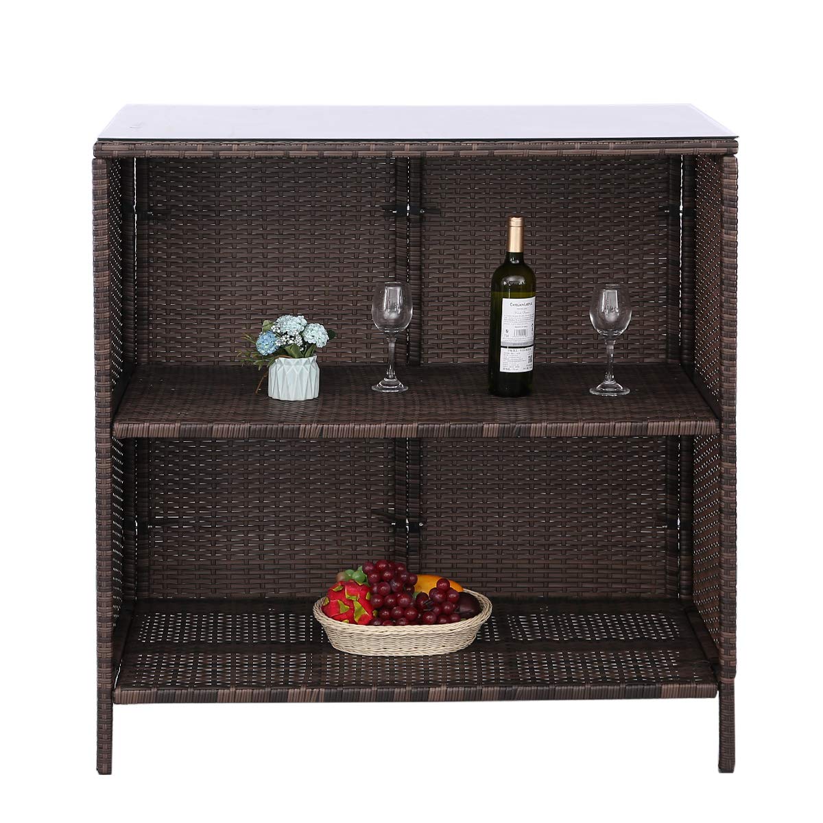 Polar Aurora 3PCS Patio Bar Set with Stools and Glass Top Table Patio Wicker Outdoor Furniture with Blue Removable Cushions for Backyards, Porches, Gardens or Poolside